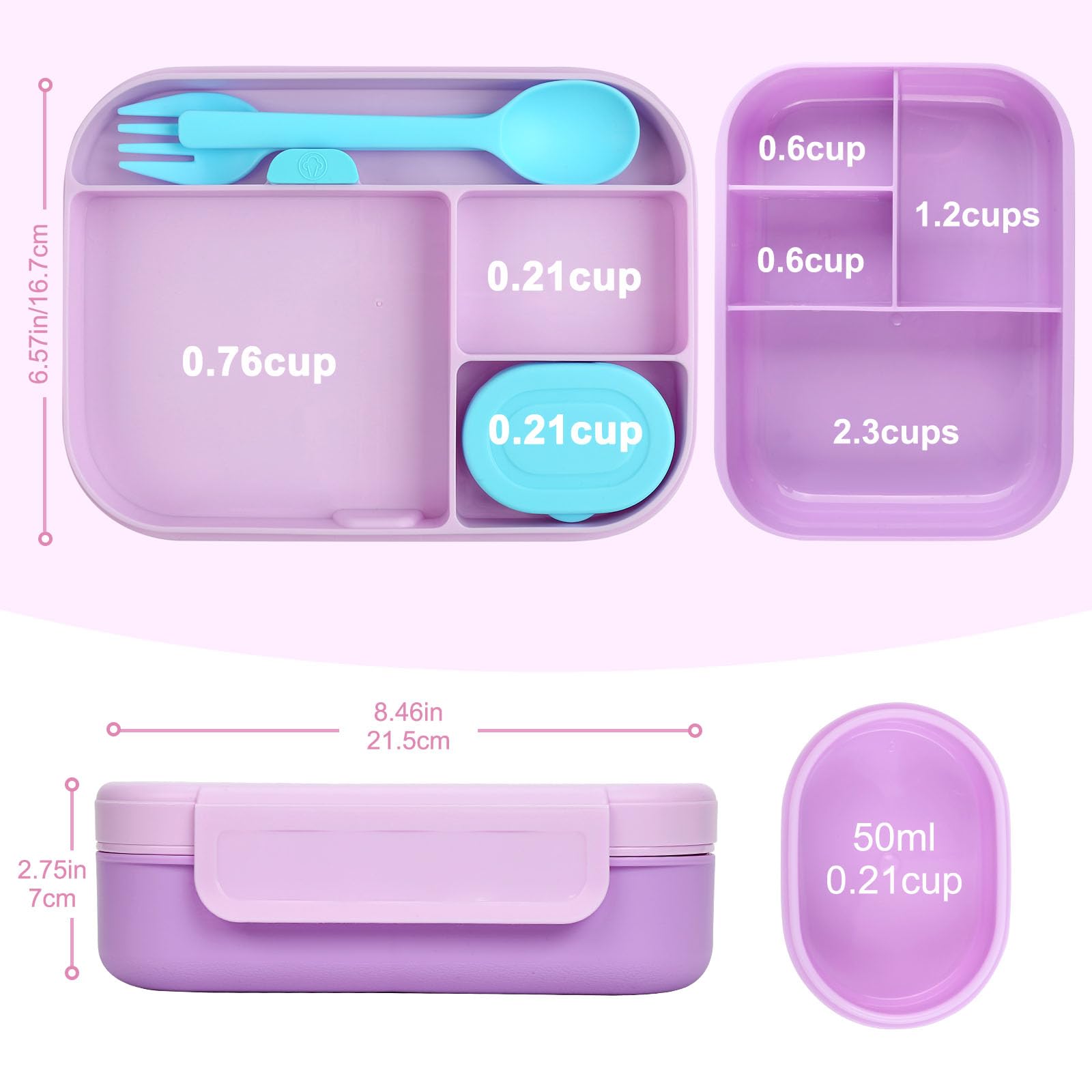 Caperci Bento Box for Kids - Stackable Leakproof Multiple Compartments Lunch Containers for Kids with Sauce Container, 5.8 Cups, Idea for School, On-the-go, Built-in Utensil Set, BPA Free (Purple)