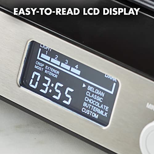 GreenPan Stainless Steel 2-Slice Belgian Waffle Maker Iron, Healthy Ceramic Nonstick Plates, Adjustable settings and Presets, Easy-to-use LED Display