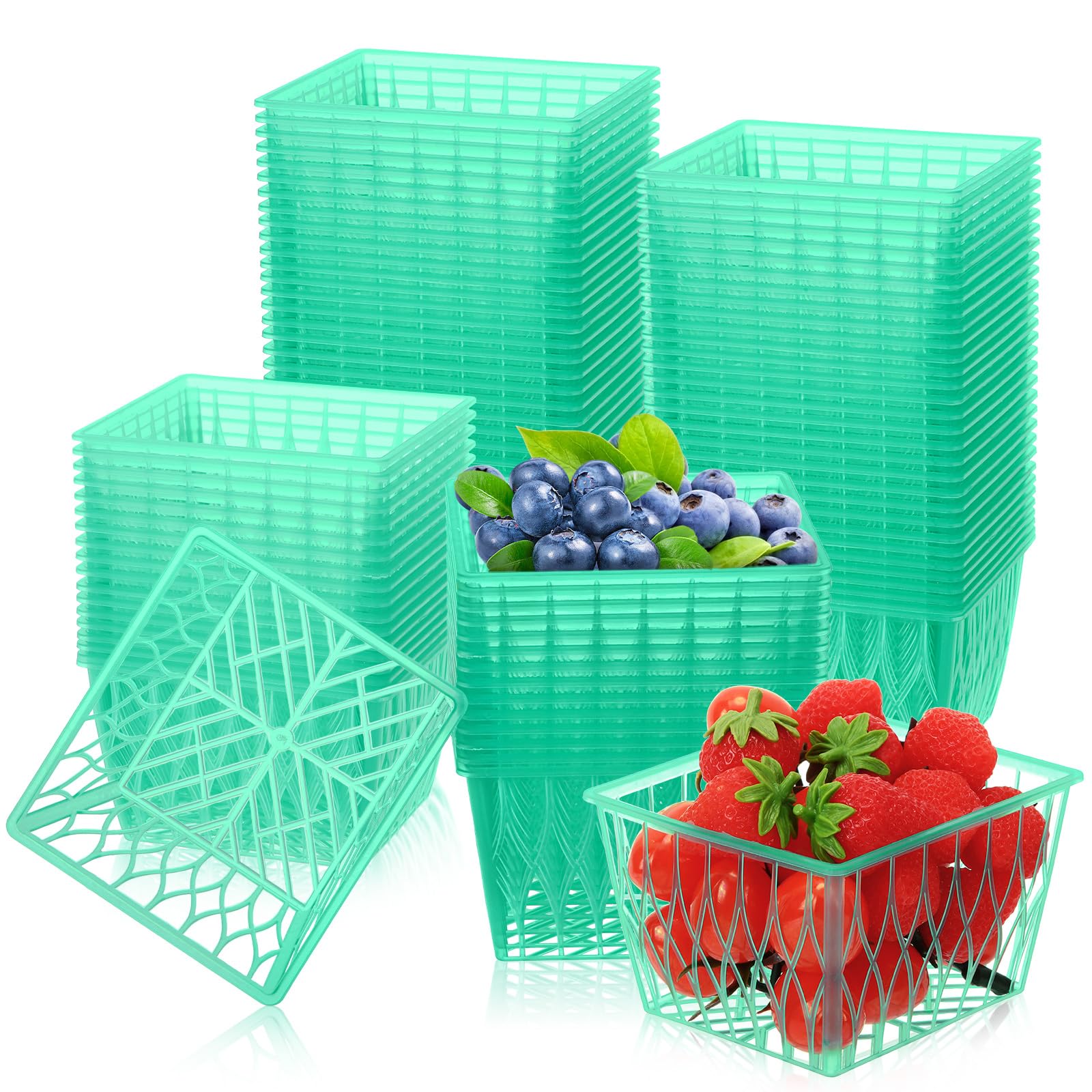 Yiyiring 100 Pcs Pint Size Plastic Berry Baskets Boxes Green Strawberry Basket with Open Weave Pattern Box Container for Farmer Market Party Christmas Grocery Stores