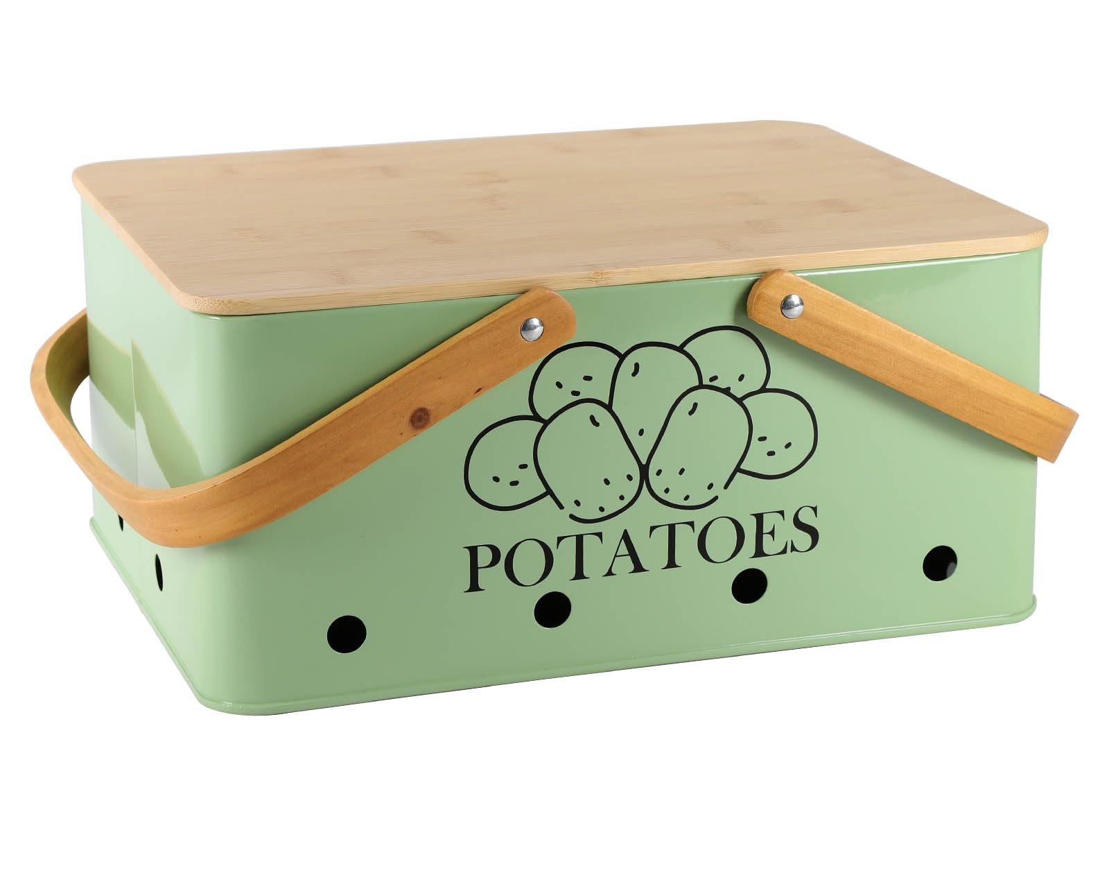 Xbopetda Potato Storage for Pantry, Metal Potato Storage Box with Bamboo Lid and Handle, Potato Bin Onion Storage with Aerating Holes, Kitchen Counter Organizer Container for Potato Onion Garlic-Green