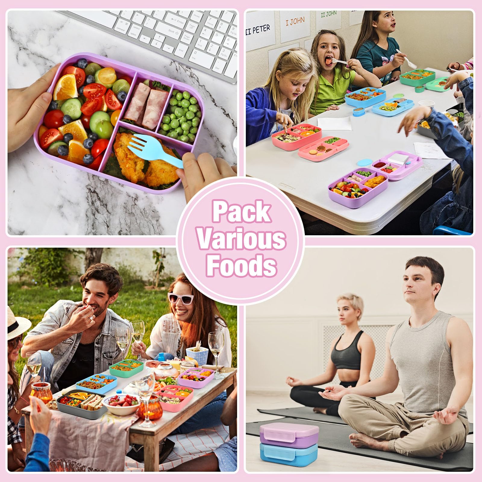 Caperci Bento Box for Kids - Stackable Leakproof Multiple Compartments Lunch Containers for Kids with Sauce Container, 5.8 Cups, Idea for School, On-the-go, Built-in Utensil Set, BPA Free (Purple)