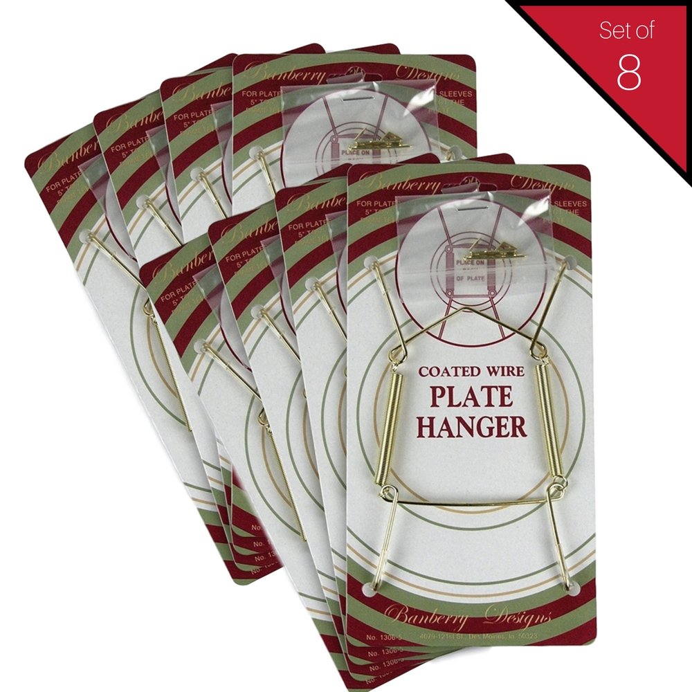 BANBERRY DESIGNS Brass Vinyl Coated Plate Hanger 5 to 7 Inch Plates - Set of 8 - Includes Hook and Nail for Hanging
