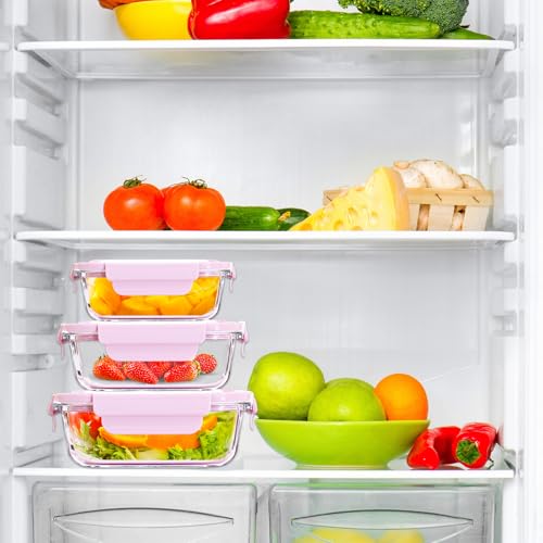 ATRDTO 6 Pieces Rectangle Glass Food Storage Containers with Lids, Meal Prep Containers for Food Storage, BPA Free & Leak Proof (3 lids & 3 Containers) 13.9oz, 24oz, 35oz (Pink)