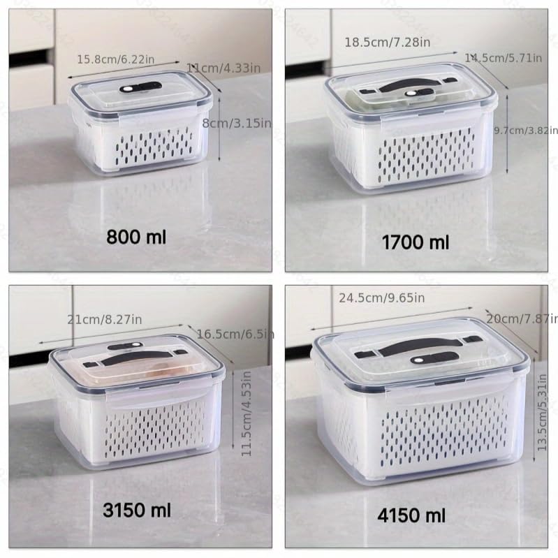 HOMEEE 4 Pack Large Airtight Fridge Food Organizer Containers, Fruit and Vegetable Storage Containers with lids, Portable Outdoor Picnics Food Storage with Removable Colanders(4.15L+3.15L+1.7L+0.8L)