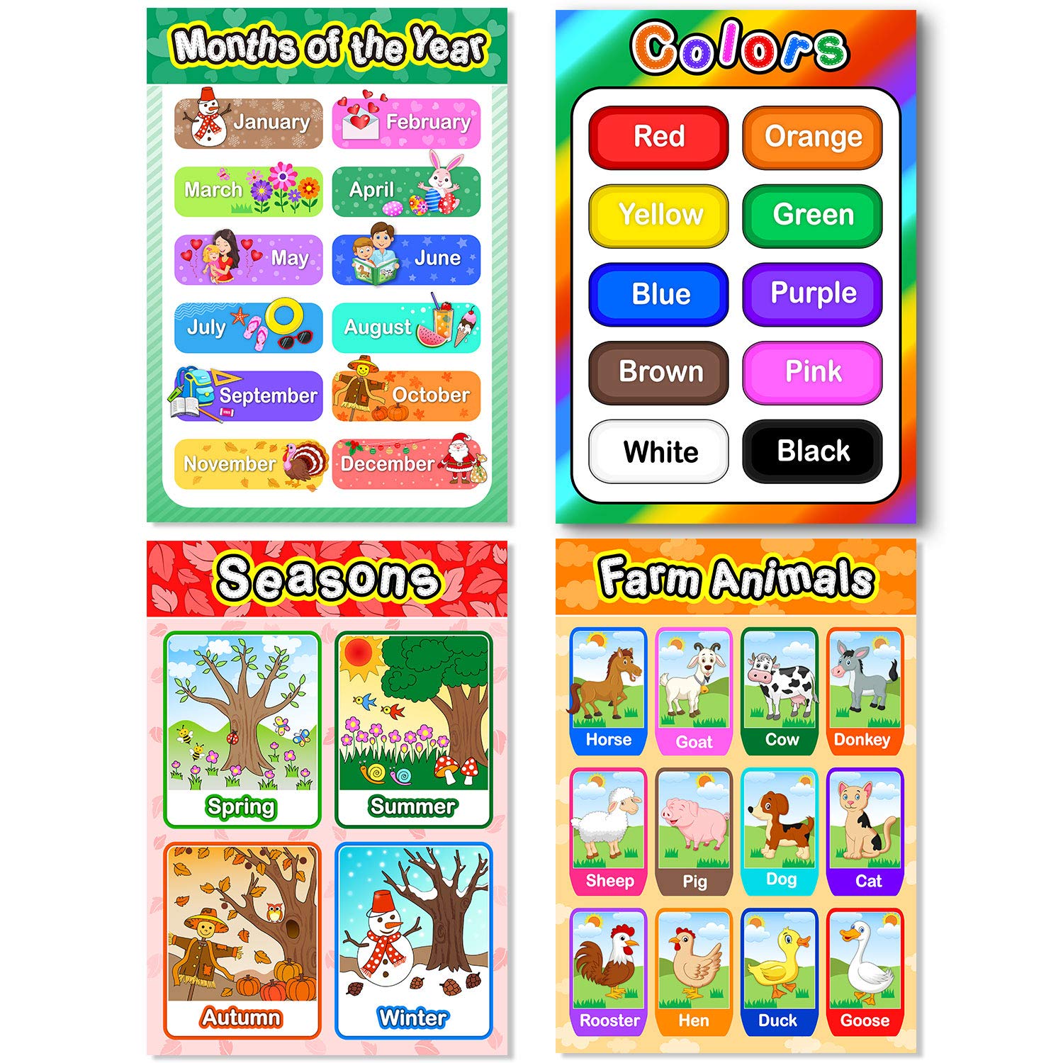 8 Educational Preschool Posters for Toddler and Kid Learning with 60 Glue Point Dot for Nursery Preschool Homeschool Kindergarten Classroom - Teach Numbers Alphabet Colors Months and More 16 x 11 Inch