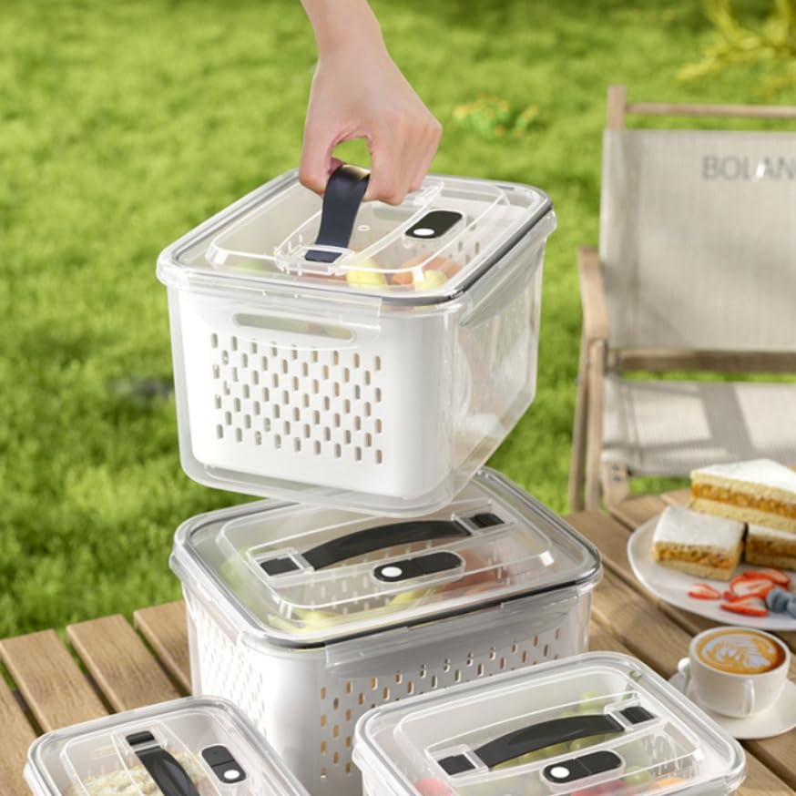 HOMEEE 4 Pack Large Airtight Fridge Food Organizer Containers, Fruit and Vegetable Storage Containers with lids, Portable Outdoor Picnics Food Storage with Removable Colanders(4.15L+3.15L+1.7L+0.8L)