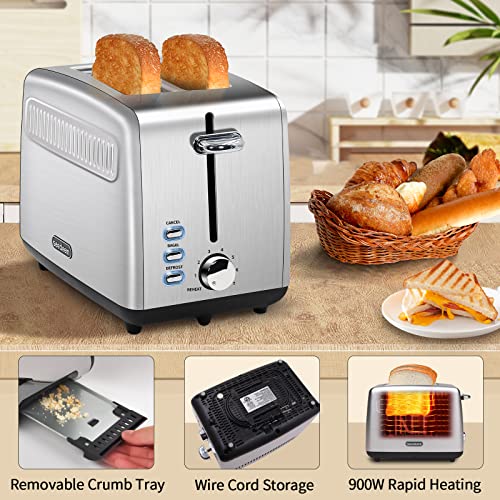 SEEDEEM Toaster 2 Slice, Stainless Steel Bread Toaster, 7 Shade Settings, 1.5'' Extra Wide Slots Toaster with Bagel, Defrost, Reheat Function, Automatic Power-off, Removable Crumb Tray, 900W, Silver Metallic
