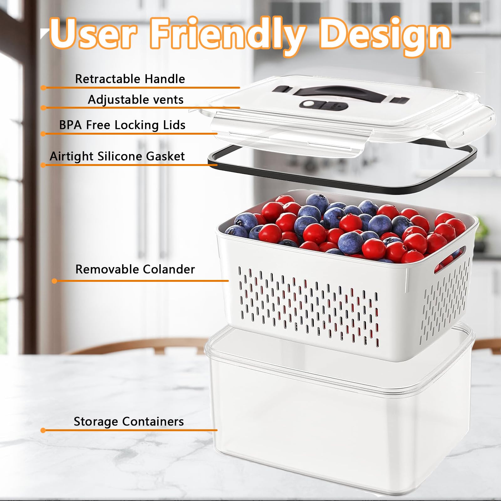 HOMEEE 4 Pack Large Airtight Fridge Food Organizer Containers, Fruit and Vegetable Storage Containers with lids, Portable Outdoor Picnics Food Storage with Removable Colanders(4.15L+3.15L+1.7L+0.8L)