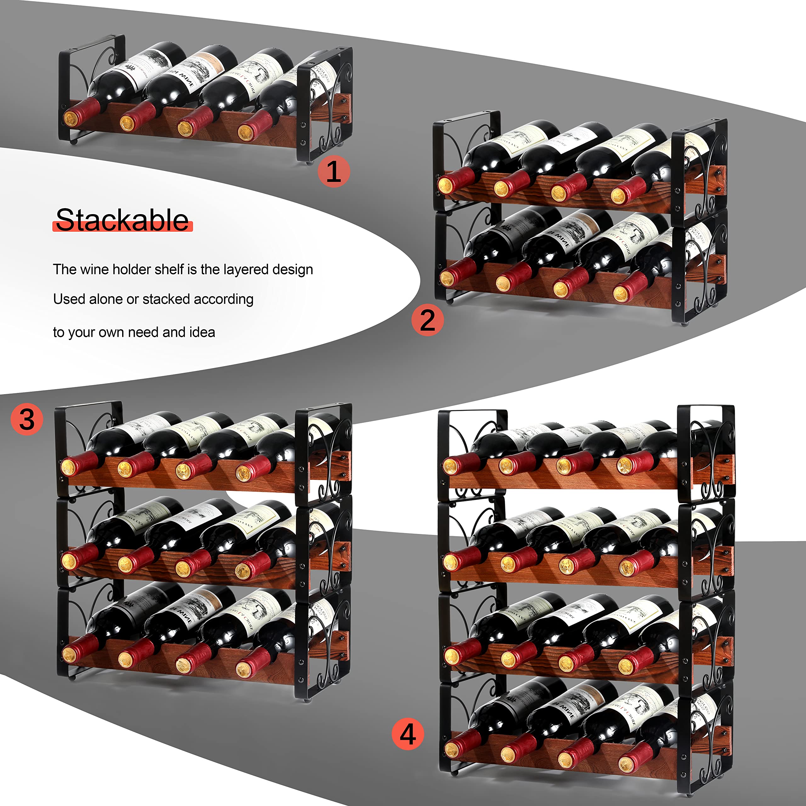 X-cosrack Rustic 16 Bottles Stackable Wine Rack 4 Tier Freestanding Organizer Holder Stand Countertop Liquor Storage Shelf Solid Wood & Iron 16.5" L x 7.0" W x 22" H-Patent Design