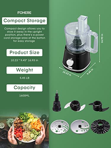 FOHERE Food Processor 8 Cup Food Chopper With Five Stainless Steel & BPA Free Accessories - Chopping, Slicing, Shredding and Whisking, 2 Speeds and Pulse Function, Black
