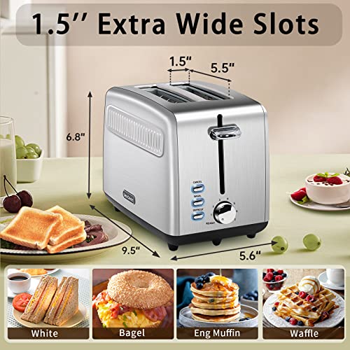 SEEDEEM Toaster 2 Slice, Stainless Steel Bread Toaster, 7 Shade Settings, 1.5'' Extra Wide Slots Toaster with Bagel, Defrost, Reheat Function, Automatic Power-off, Removable Crumb Tray, 900W, Silver Metallic