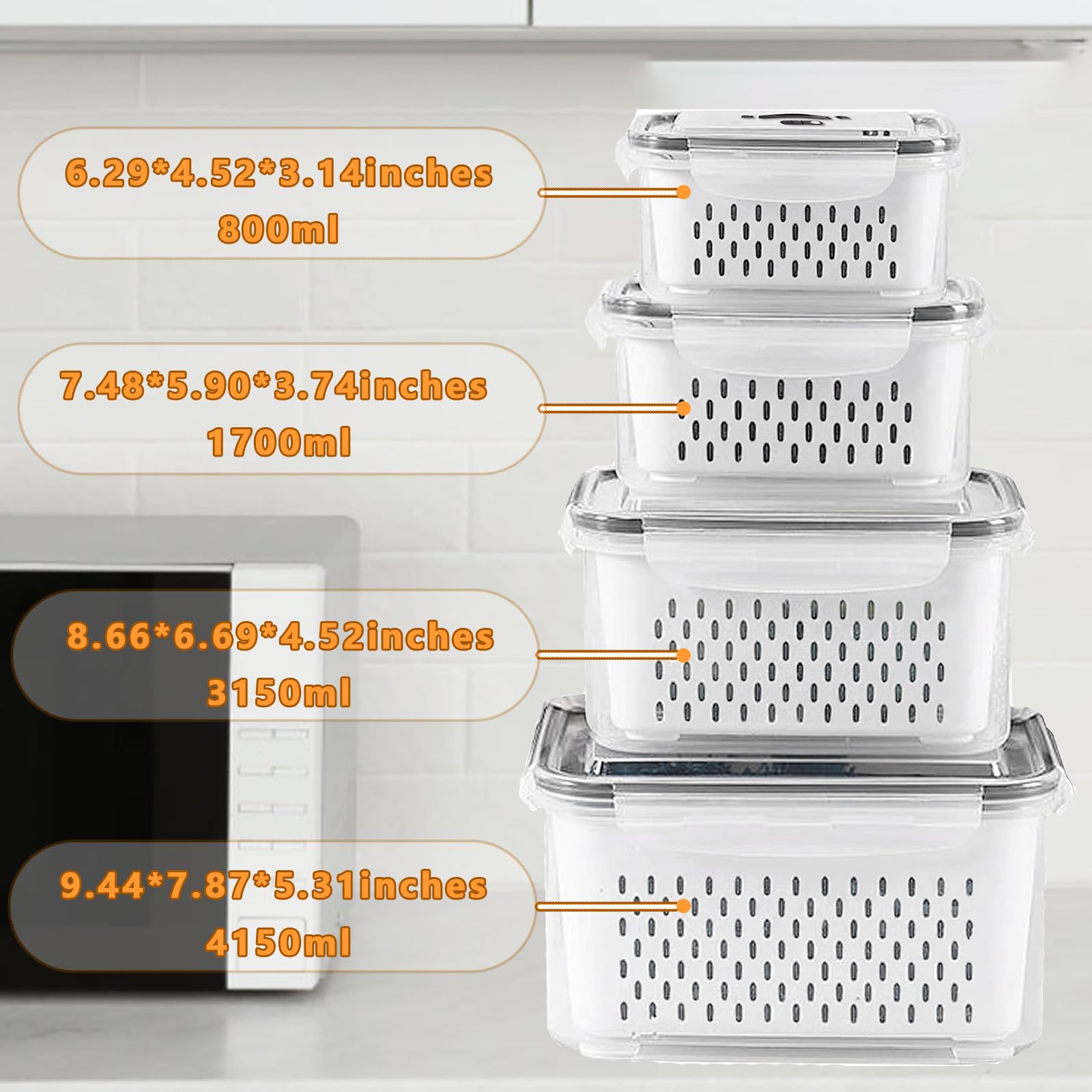 HOMEEE 4 Pack Large Airtight Fridge Food Organizer Containers, Fruit and Vegetable Storage Containers with lids, Portable Outdoor Picnics Food Storage with Removable Colanders(4.15L+3.15L+1.7L+0.8L)
