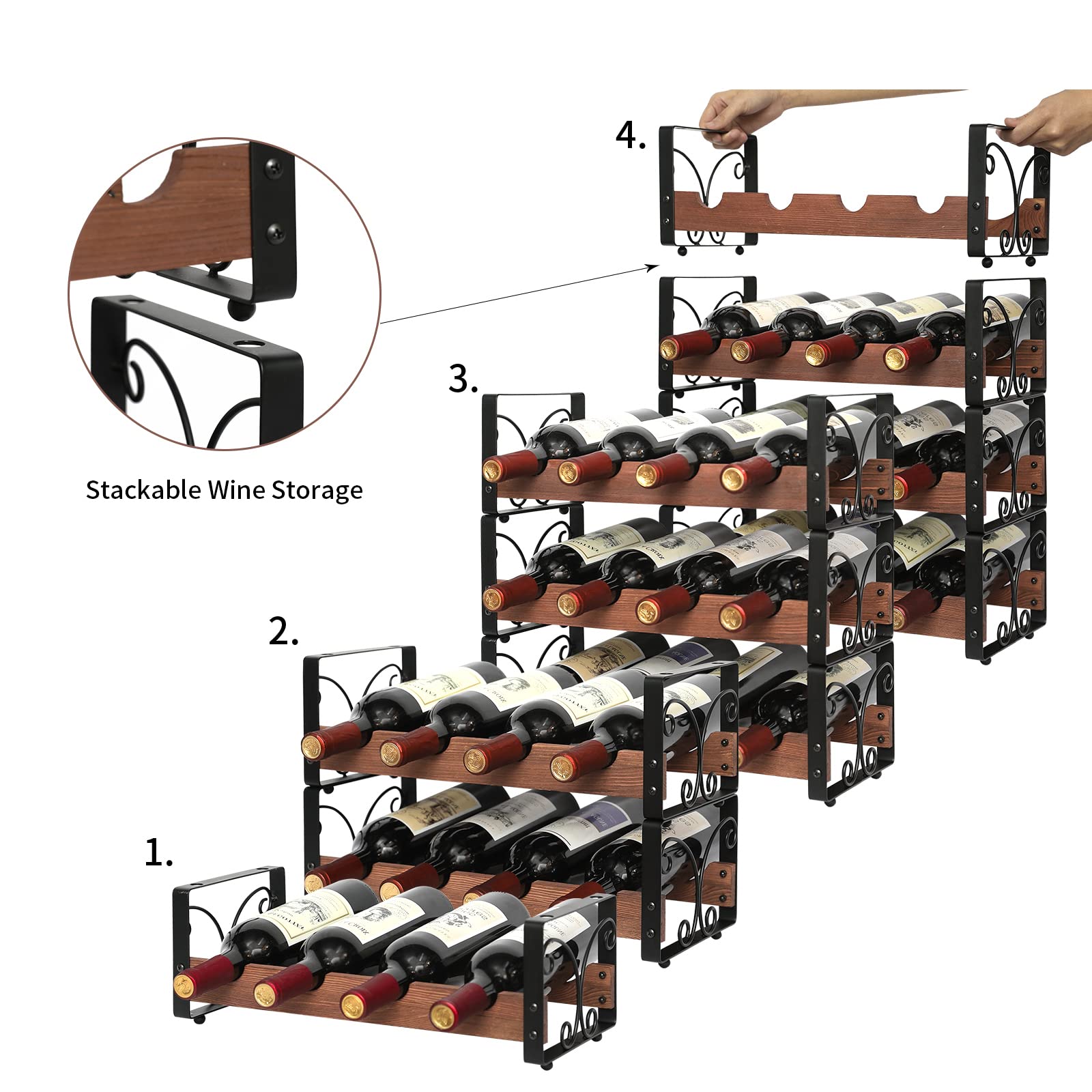 X-cosrack Rustic 16 Bottles Stackable Wine Rack 4 Tier Freestanding Organizer Holder Stand Countertop Liquor Storage Shelf Solid Wood & Iron 16.5" L x 7.0" W x 22" H-Patent Design