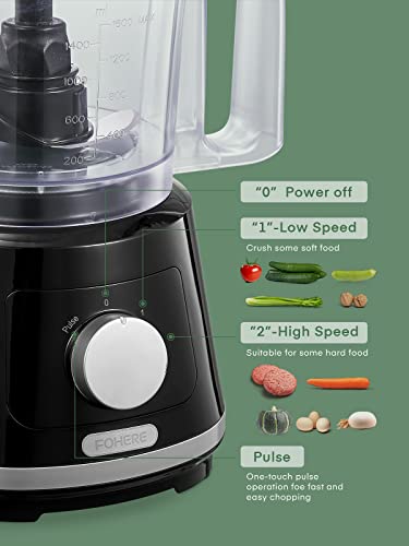 FOHERE Food Processor 8 Cup Food Chopper With Five Stainless Steel & BPA Free Accessories - Chopping, Slicing, Shredding and Whisking, 2 Speeds and Pulse Function, Black