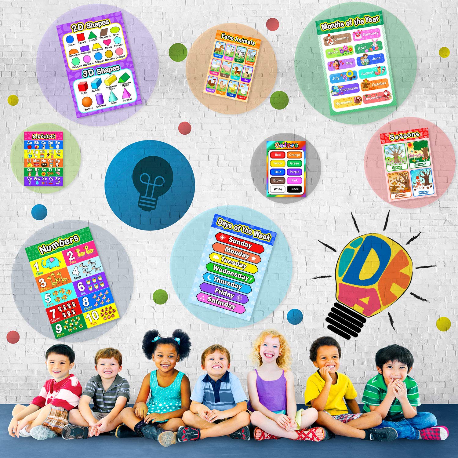 8 Educational Preschool Posters for Toddler and Kid Learning with 60 Glue Point Dot for Nursery Preschool Homeschool Kindergarten Classroom - Teach Numbers Alphabet Colors Months and More 16 x 11 Inch