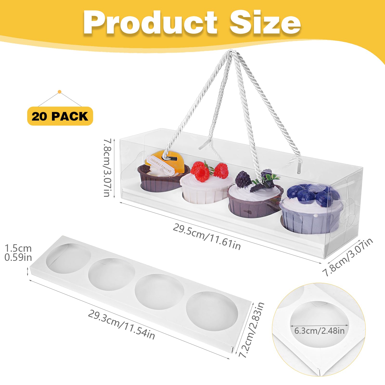 Dceyoril 20pcs Clear Cupcake Boxes with Handle Cupcake Container Transparent Bakery Cake Boxes Plastic Cake Carrier Baked Dessert Box for Wedding Party Favor (A-whtie1)