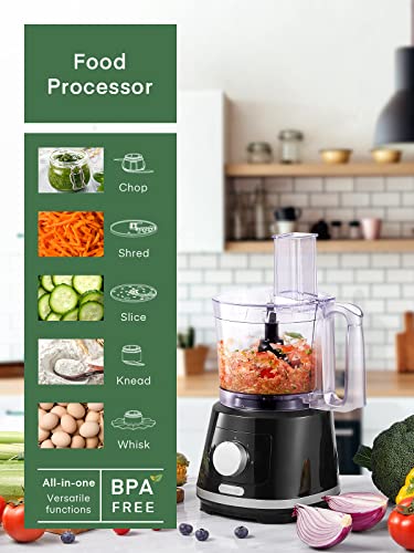 FOHERE Food Processor 8 Cup Food Chopper With Five Stainless Steel & BPA Free Accessories - Chopping, Slicing, Shredding and Whisking, 2 Speeds and Pulse Function, Black