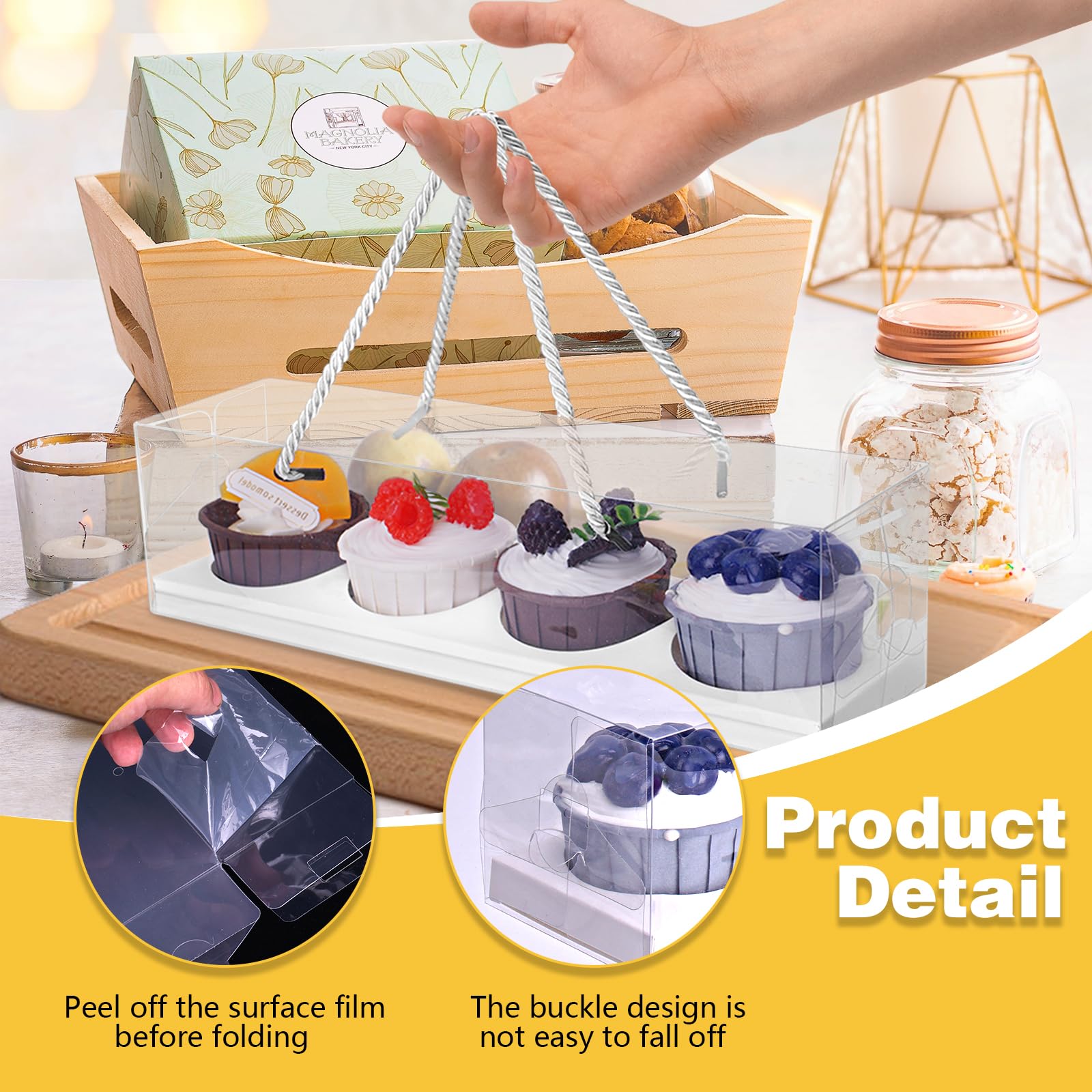 Dceyoril 20pcs Clear Cupcake Boxes with Handle Cupcake Container Transparent Bakery Cake Boxes Plastic Cake Carrier Baked Dessert Box for Wedding Party Favor (A-whtie1)