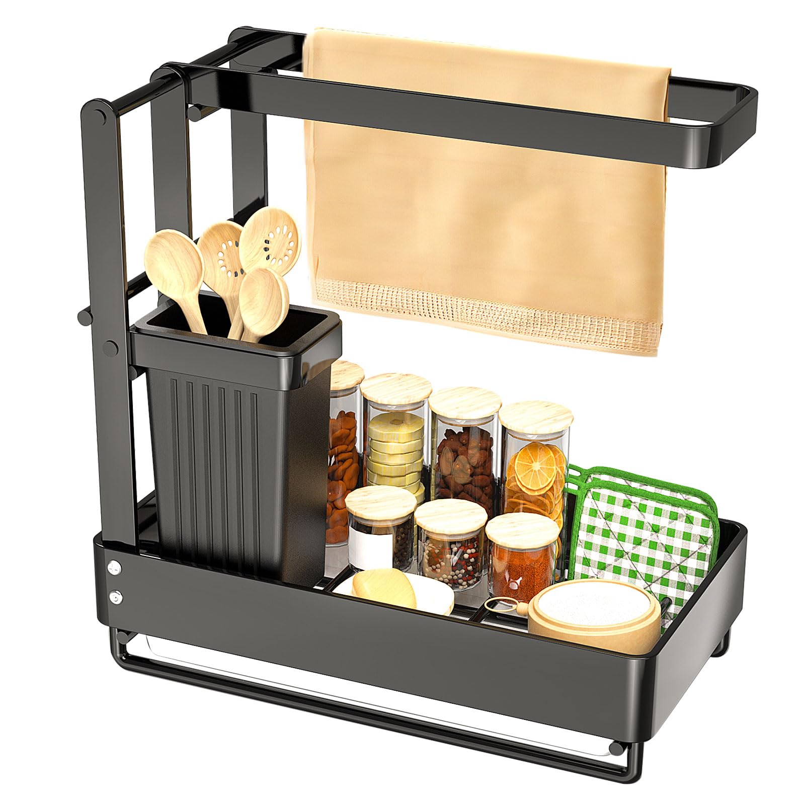 Yawinhe Sponge Holder, Sink Caddy Organizer with Detachable Brush Rack, Kitchen Accessories for Organization, Stainless Steel, Black