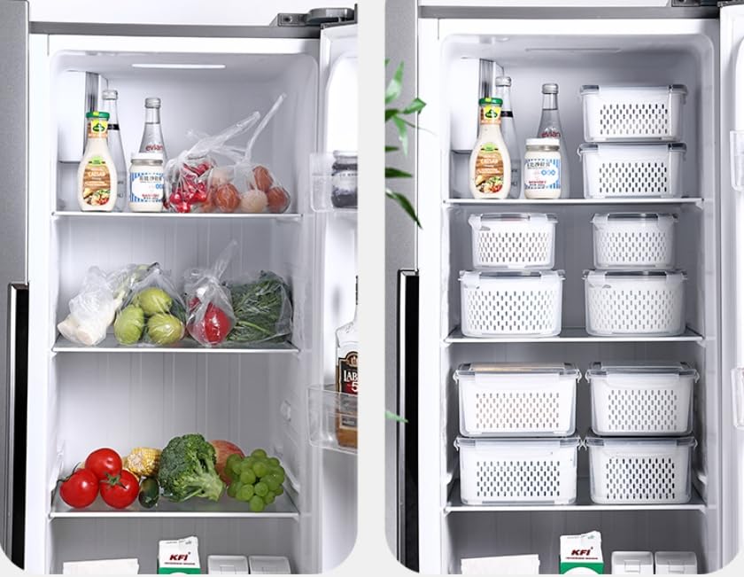 HOMEEE 4 Pack Large Airtight Fridge Food Organizer Containers, Fruit and Vegetable Storage Containers with lids, Portable Outdoor Picnics Food Storage with Removable Colanders(4.15L+3.15L+1.7L+0.8L)