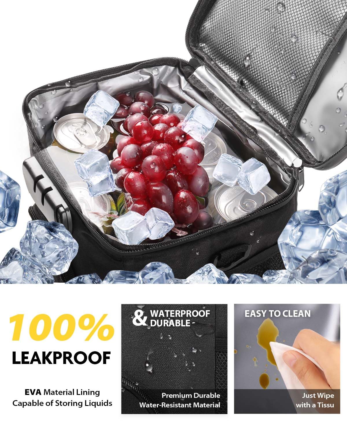 SafeDelux Insulated Lunch Bag with Combination Lock - Durable, Leakproof, Large Cooler Bag with Adjustable Shoulder Strap for Men Women (Black)