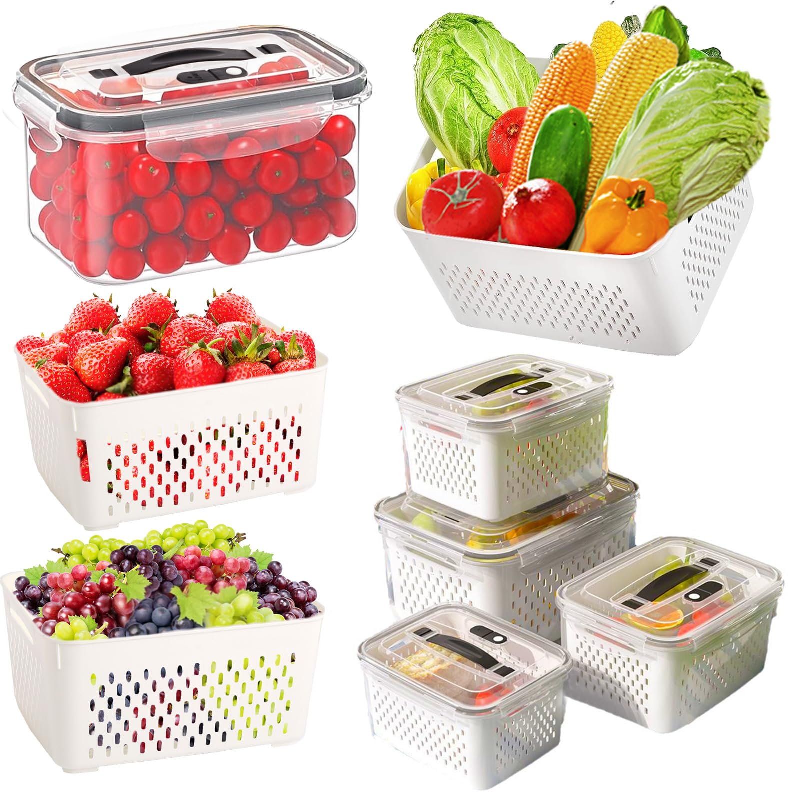 HOMEEE 4 Pack Large Airtight Fridge Food Organizer Containers, Fruit and Vegetable Storage Containers with lids, Portable Outdoor Picnics Food Storage with Removable Colanders(4.15L+3.15L+1.7L+0.8L)