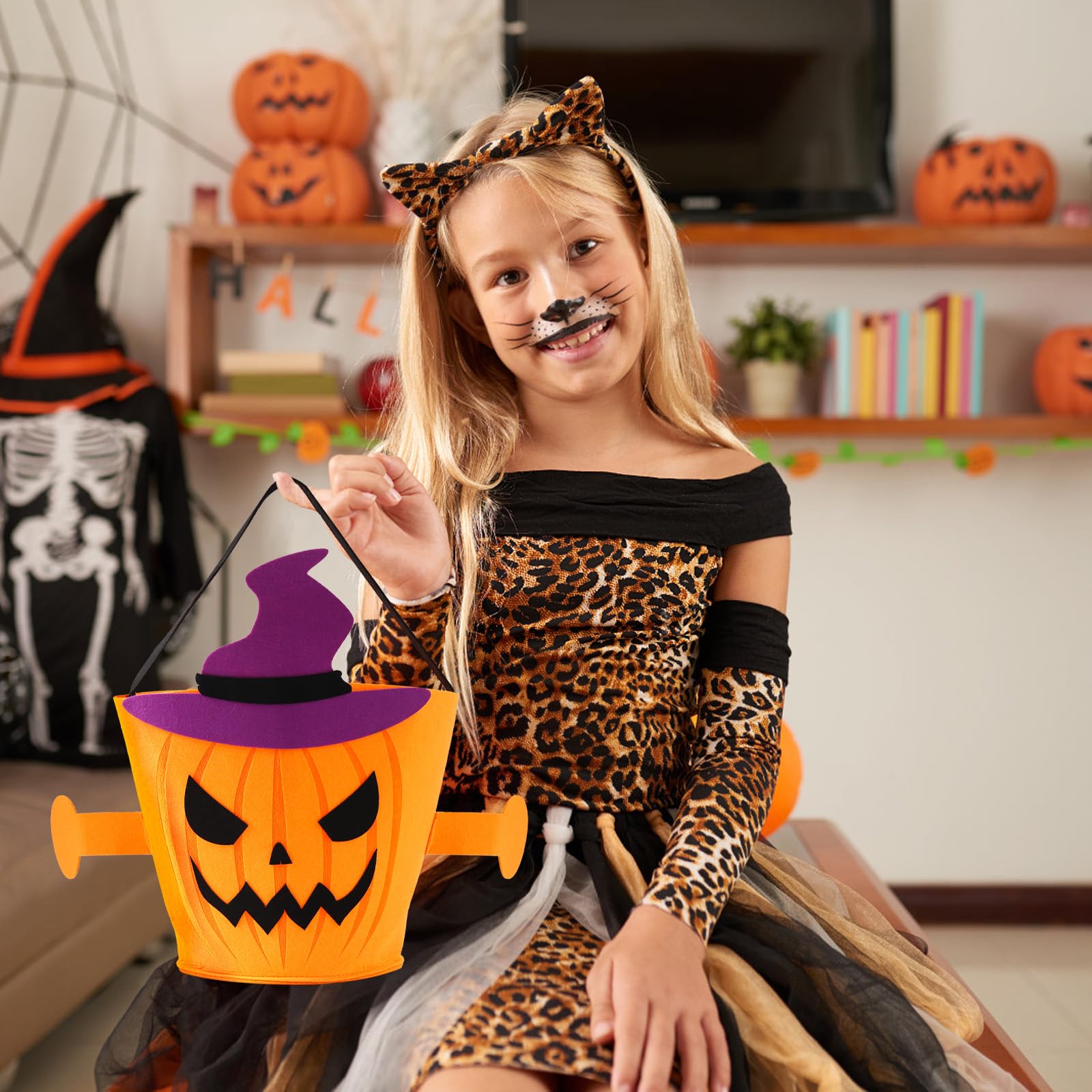 FUSHENMU Halloween Trick or Treat Bags Bat Candy Bucket Reusable Canvas Bag for Halloween Bucket Large, White