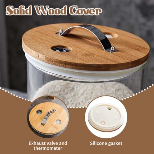 Rice Oatmeal Dispenser Storage Container - Flour and Cereal Glass Food Storge Container with Airtight Lid Wooden Stand & Measuring Cup for Kitchen Organization (5L)