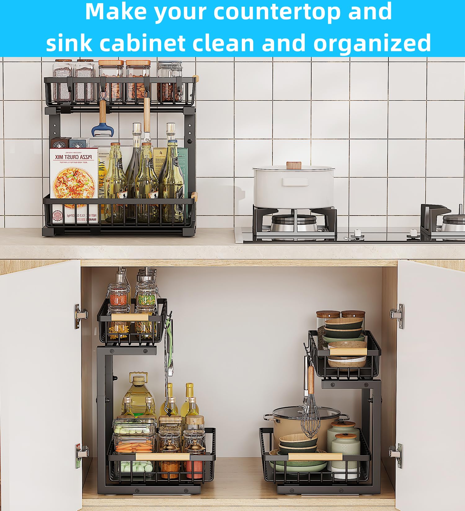 exilot 2 Pack Under Sink Organizer, Large 2 Tier Under Sink Organizer Storage, Height Adjustable Metal Pull Out Cabinet Organizer, Sliding Storage for Kitchen/Bathroom/Laundry Room.