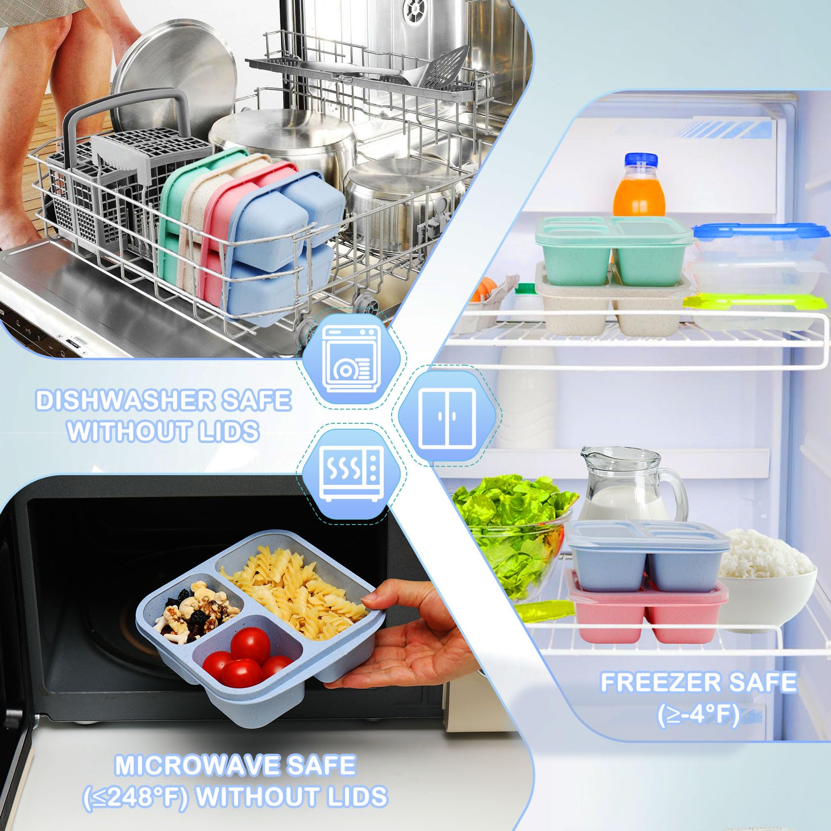 DESLON Kids Bento Box 6 Pack, 3 Compartment Snack Containers, Meal Prep Containers Reusable Lunch Containers for Kids Toddler Adults, Small Bento Snack Box for School, Work and Travel