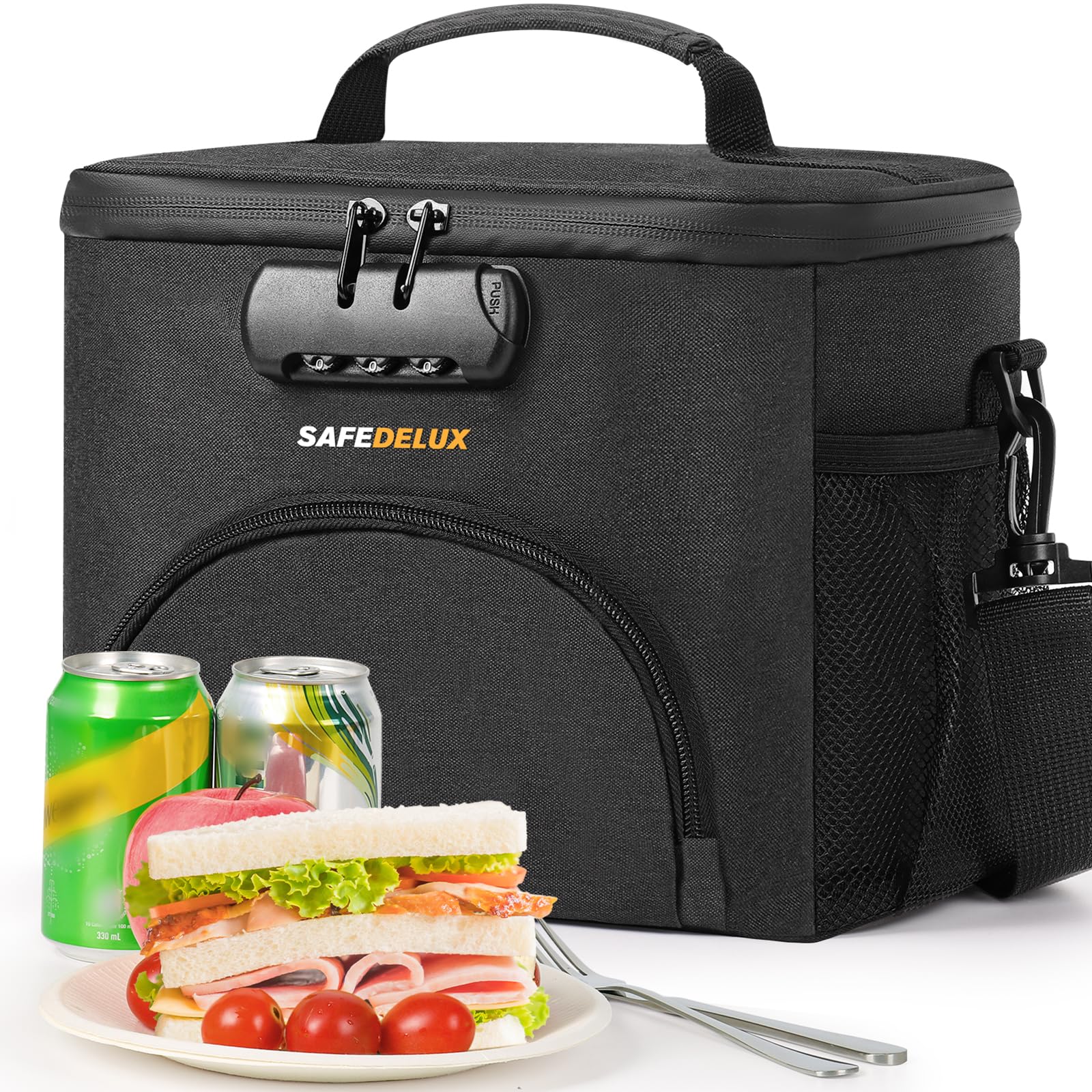 SafeDelux Insulated Lunch Bag with Combination Lock - Durable, Leakproof, Large Cooler Bag with Adjustable Shoulder Strap for Men Women (Black)