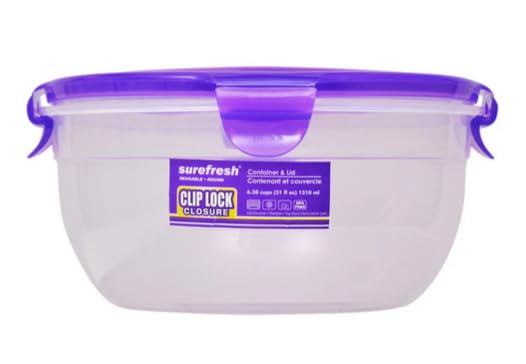 Surefresh Round Plastic Containers with Clip-Lock Lids, Food Storage Containers, Deli, Slime, Soup, Meal Prep Containers 51 Oz | BPA Free | Leakproof | Easily Snap, Clear, 218564