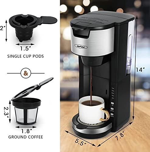 Sunvivi Coffee Maker, Single Serve Coffee Maker For Single Cup Pod & Coffee Ground, 30 Oz Removable Reservoir, Compact Coffee Machine Brewer with 6 to 14 oz. Brew Sizes, Black