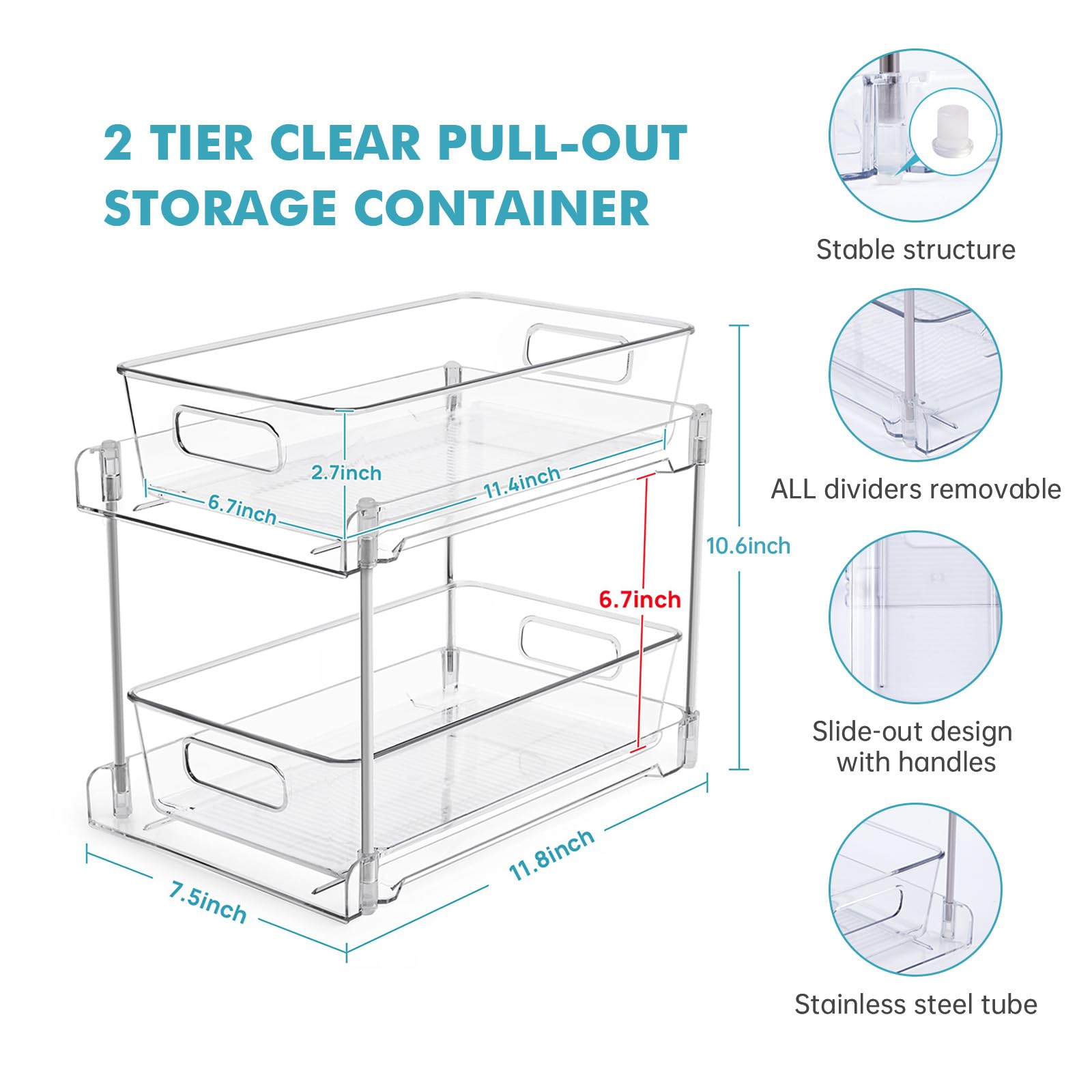 World-in-one 2 Tier Bathroom Storage Organizer, Clear Under Sink Organizers Vanity Counter Storage Container, Pantry Cabinet Drawers Bins, Pull-Out Organization, 1Pack, Transparent, TM 01