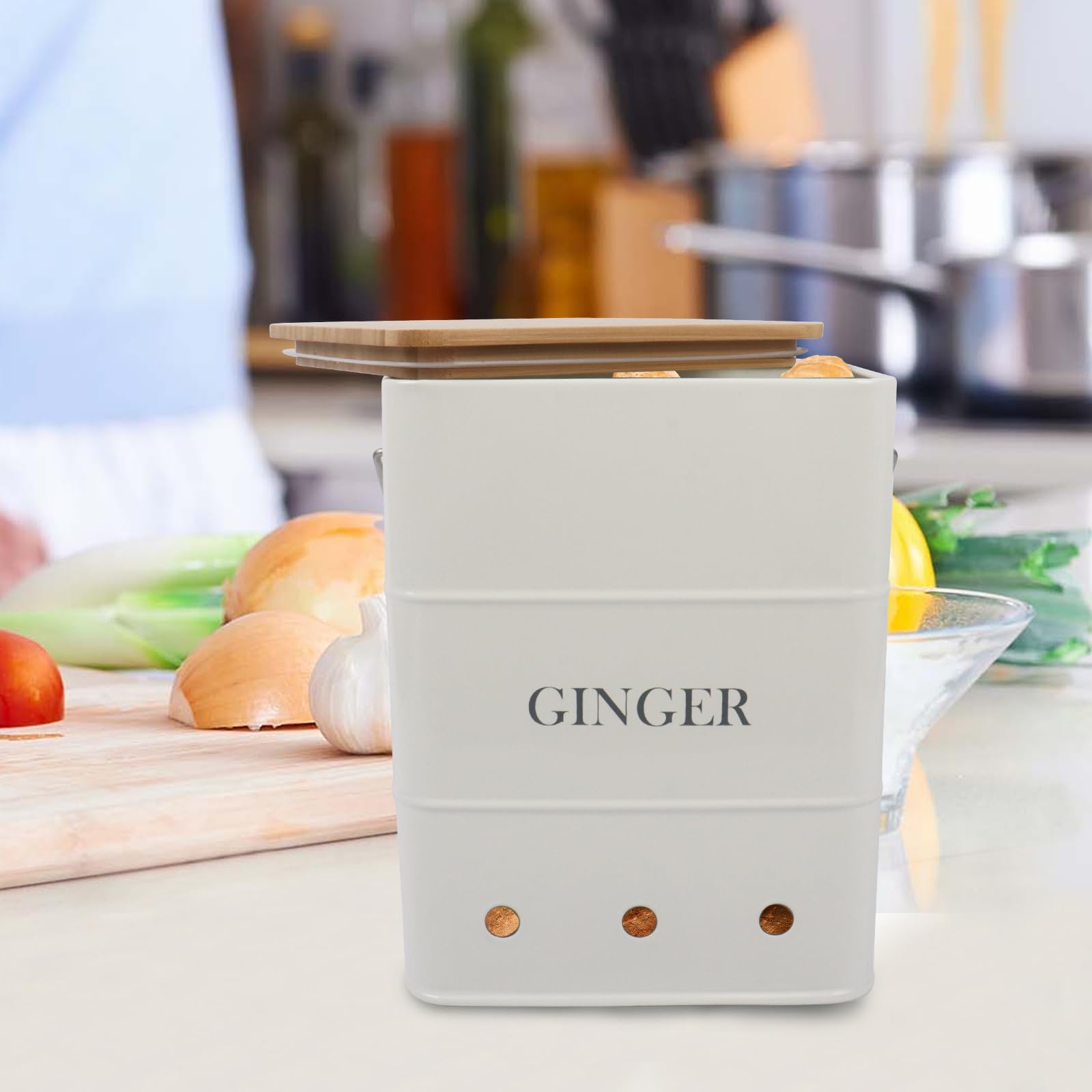 Eco-Friendly Bamboo Lid Metal Garlic Storage Box with Ventilated Countertop Vegetable Bin for Ginger, Potatoes, and Onions - Airtight, Portable Kitchen Organizer