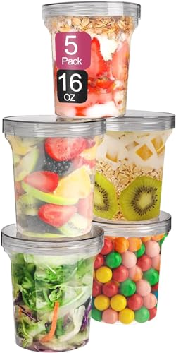 WBKTOOL 5 Pack Overnight Oats Containers with Lids - 16 oz Deli Food Storage Containers - Small To Go Plastic Yogurt Container for Soup, Salad, Freezer