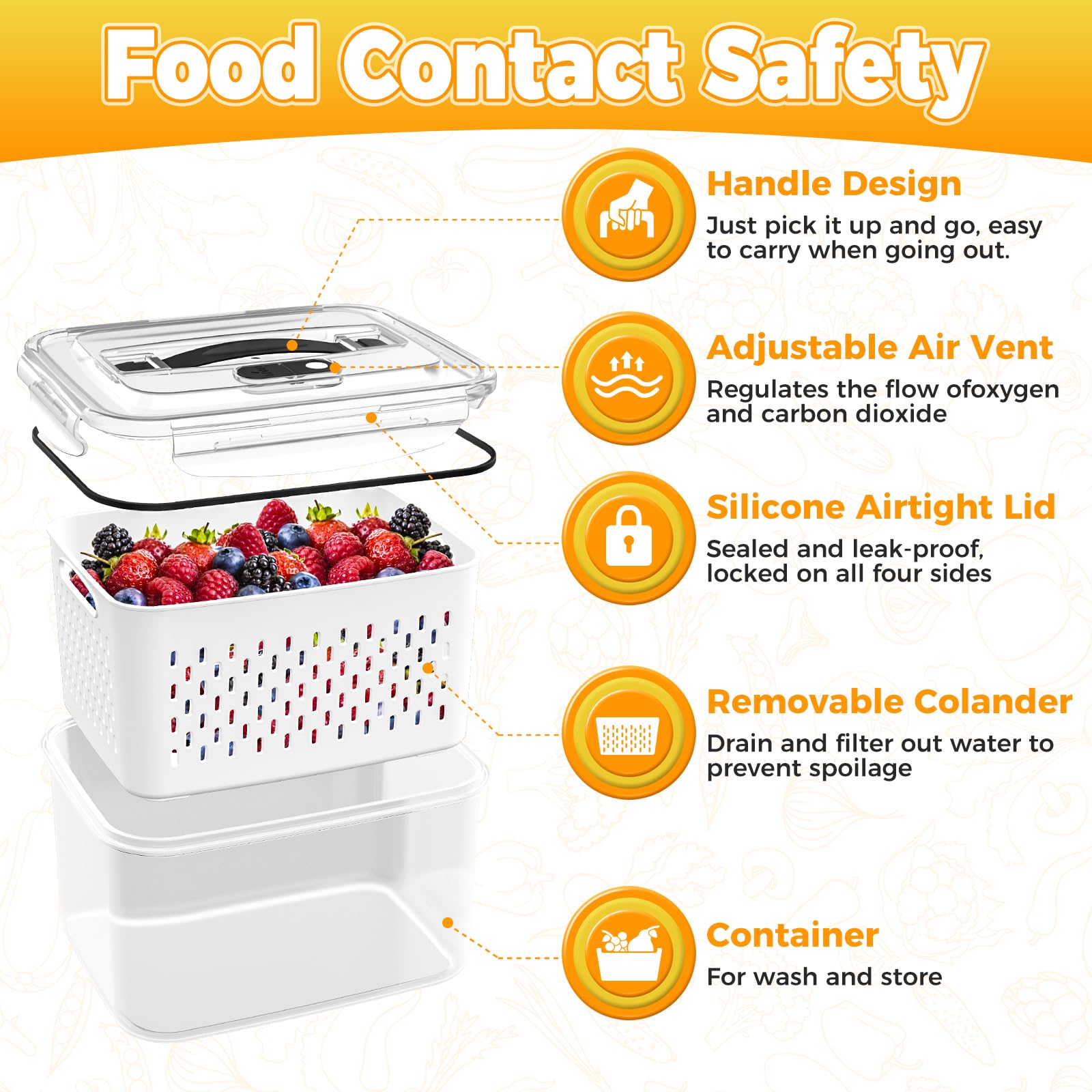 Loyala 3 PCS Fruit Containers for Fridge Food Storage Containers with Removable Colander Lids Airtight Fruit Storage Containers for Fridge Fruits Vegetables Strawberry Salad Meat（3pcs with handles）