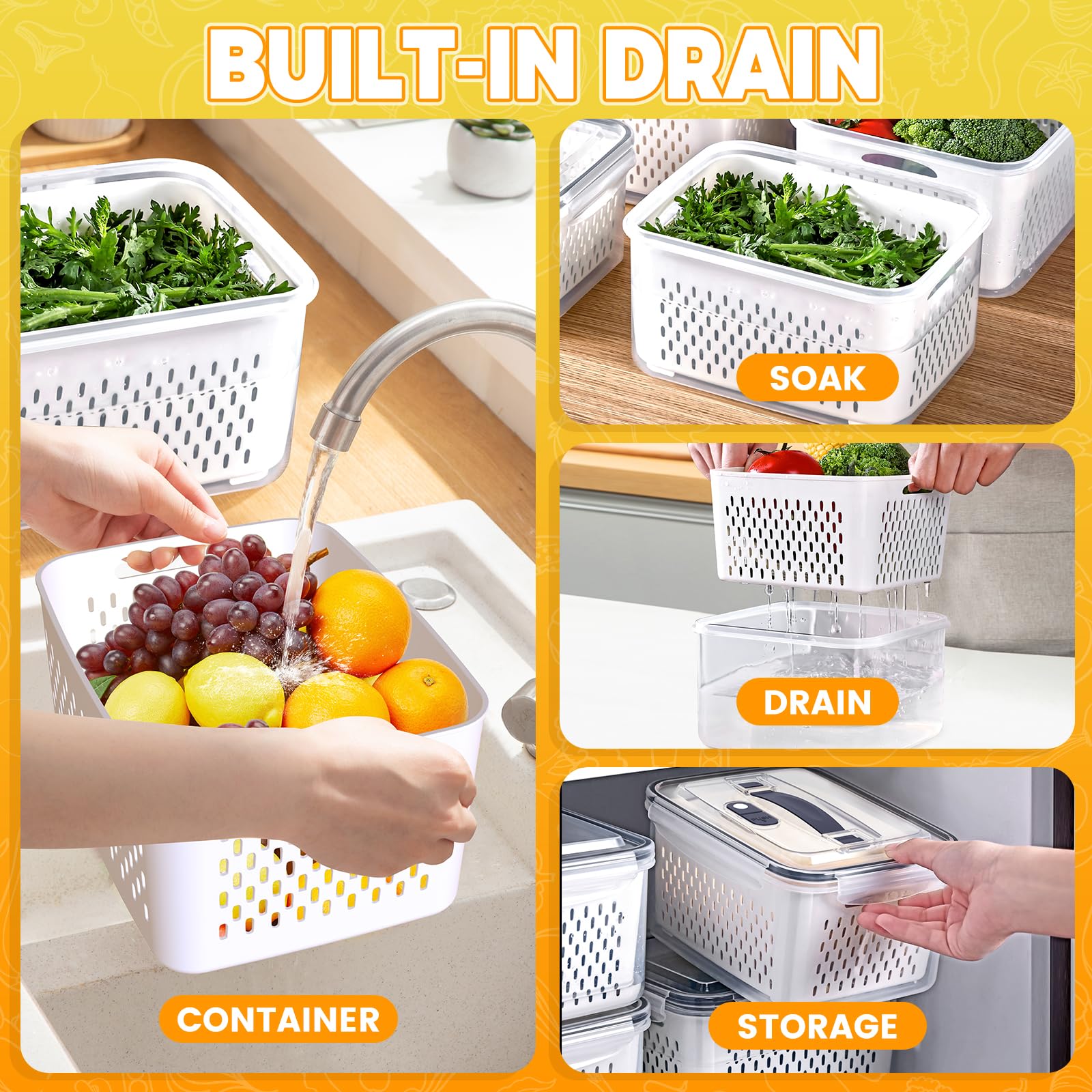 Loyala 3 PCS Fruit Containers for Fridge Food Storage Containers with Removable Colander Lids Airtight Fruit Storage Containers for Fridge Fruits Vegetables Strawberry Salad Meat（3pcs with handles）
