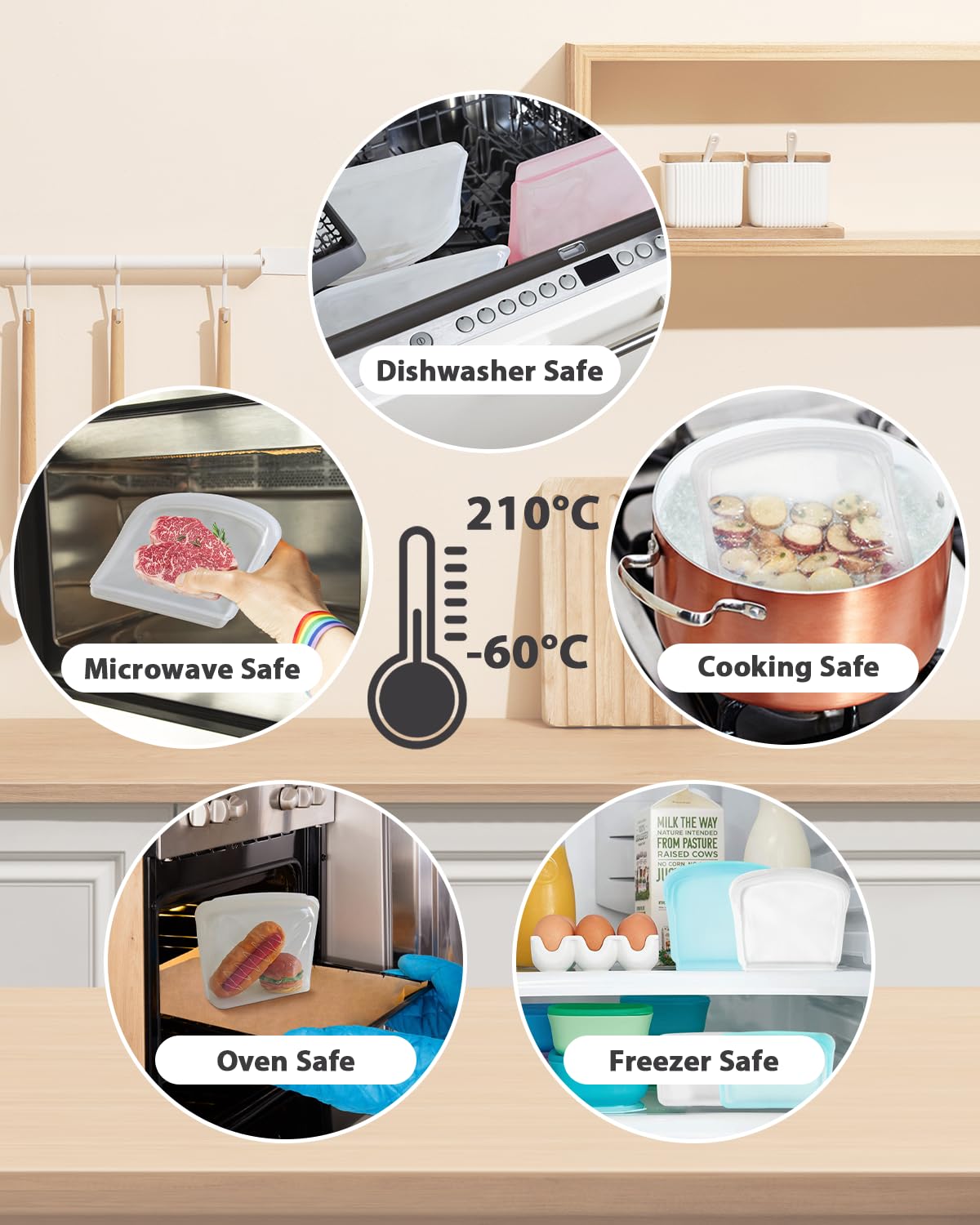 DGitaor Reusable Silicone Storage Bag, 6Pack Silicone Pocket, Snack, and Sandwich Bag, Endurables Silicone Ziplock Bags for Food Storage, Freezer, Microwave, Oven, Dishwasher Safe