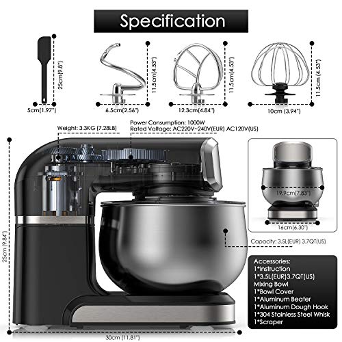 Stand Mixer, 1000W Kitchen Mixer Electric Food Mixer, 6 Speeds with 304 Stainless Steel Bowl Tilt-Head Dough Mixer, Dough Hook, Whisk, Beater, Splash Guard & Scraper
