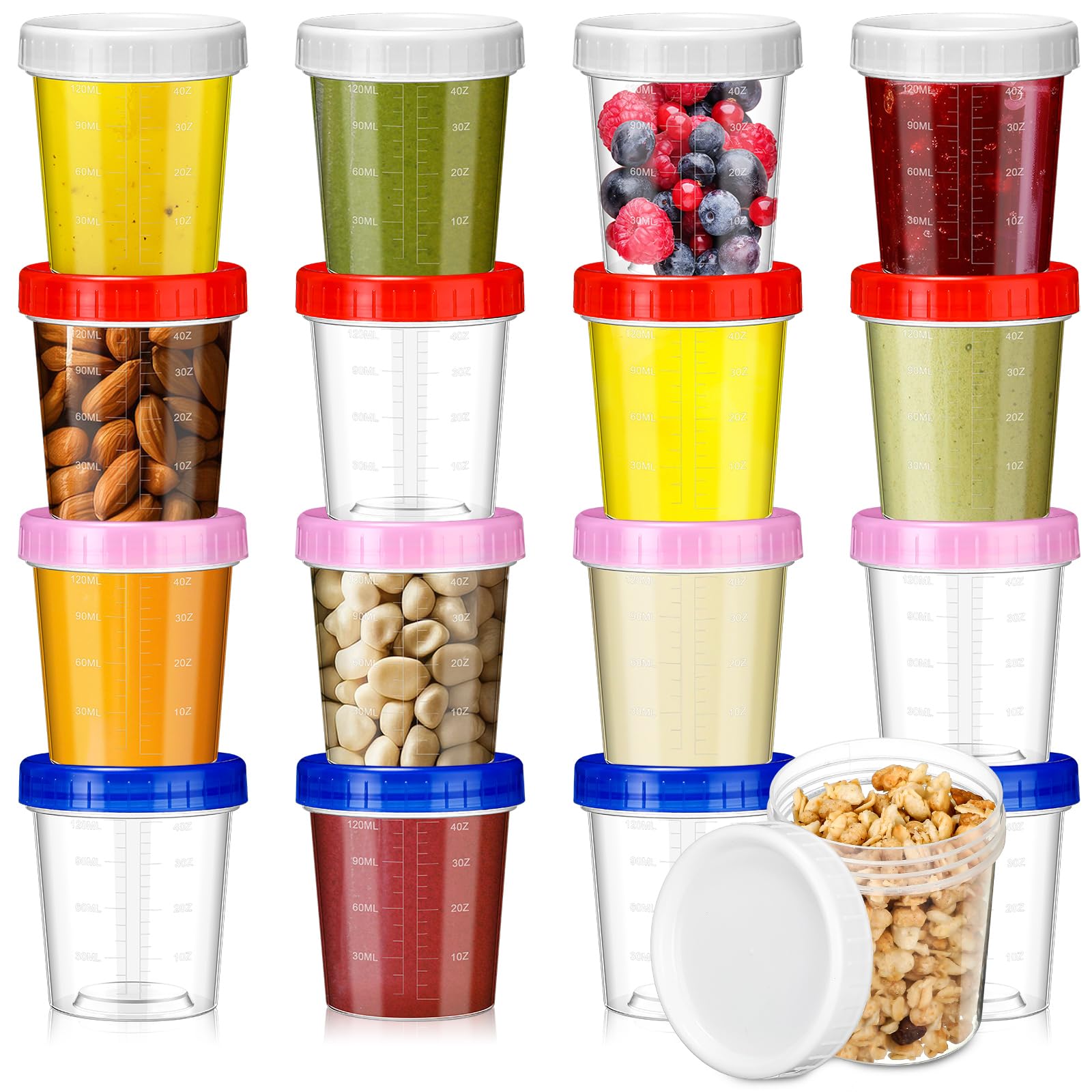 Singhoow 16 Pcs 4 oz Food Containers with Screw Lids Food Storage Jars Pudding Cups Reusable Small Plastic Freezer Containers for Sauce, Jam and Puree, Ice Cream