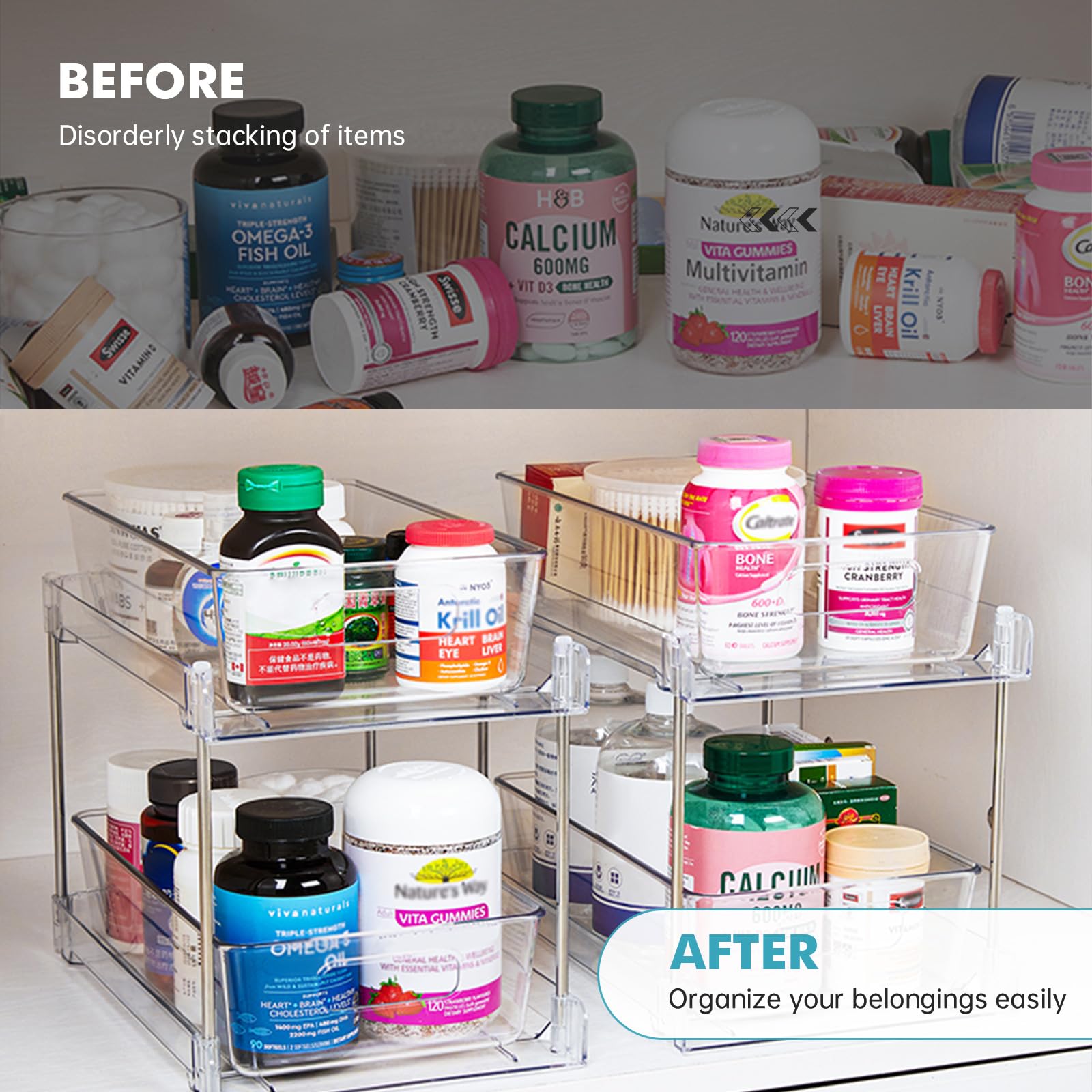 World-in-one 2 Tier Bathroom Storage Organizer, Clear Under Sink Organizers Vanity Counter Storage Container, Pantry Cabinet Drawers Bins, Pull-Out Organization, 1Pack, Transparent, TM 01