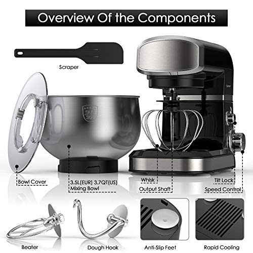 Stand Mixer, 1000W Kitchen Mixer Electric Food Mixer, 6 Speeds with 304 Stainless Steel Bowl Tilt-Head Dough Mixer, Dough Hook, Whisk, Beater, Splash Guard & Scraper