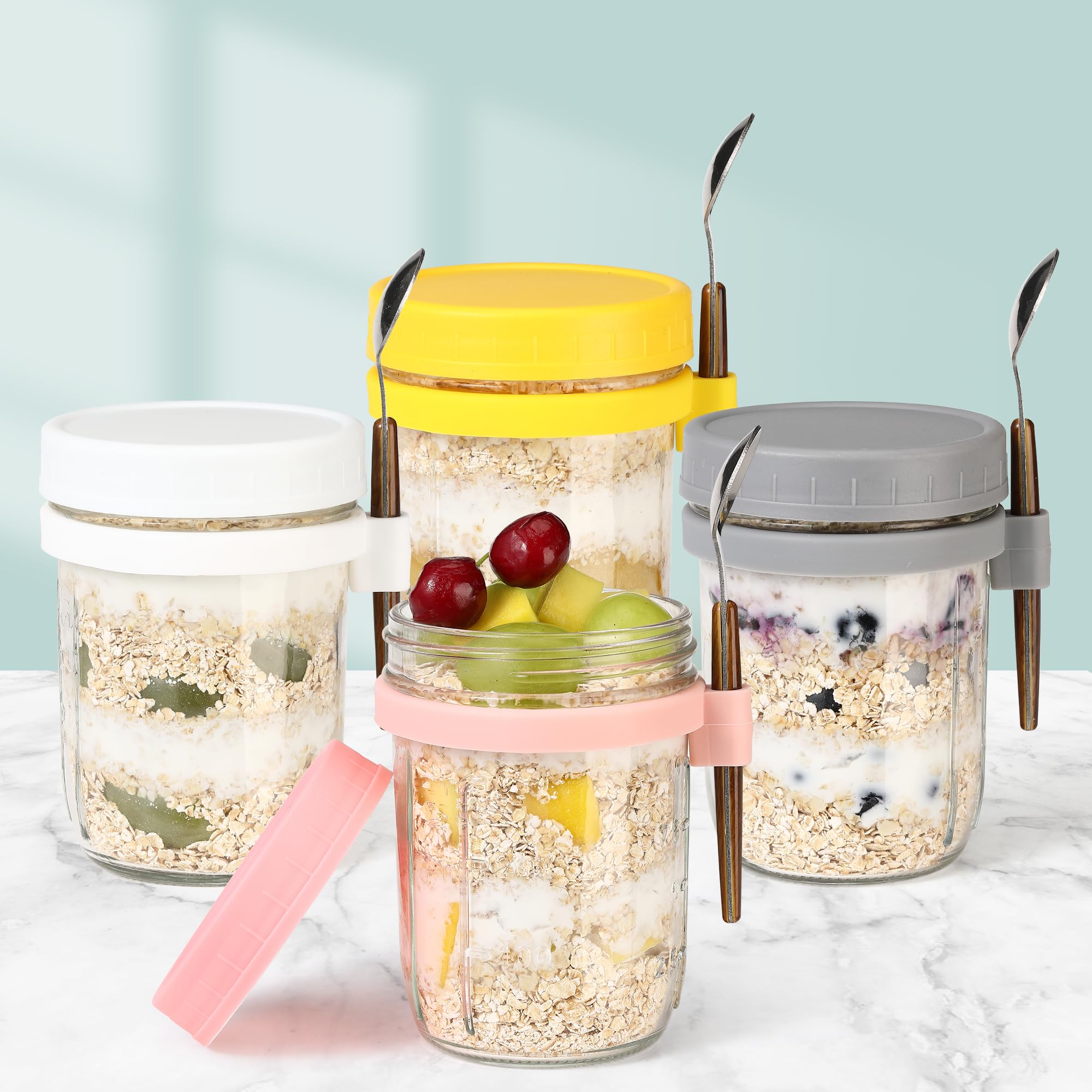 KAIZHOUZHOU 16oz Glass Mason Overnight Oats Jars, Cereal, Yogurt, Salad Lunch,Glass Overnight Oats Containers with Lids and Spoon, Container with Measurement Marks -(Yellow&Pink&White&Gray-4Pcs)