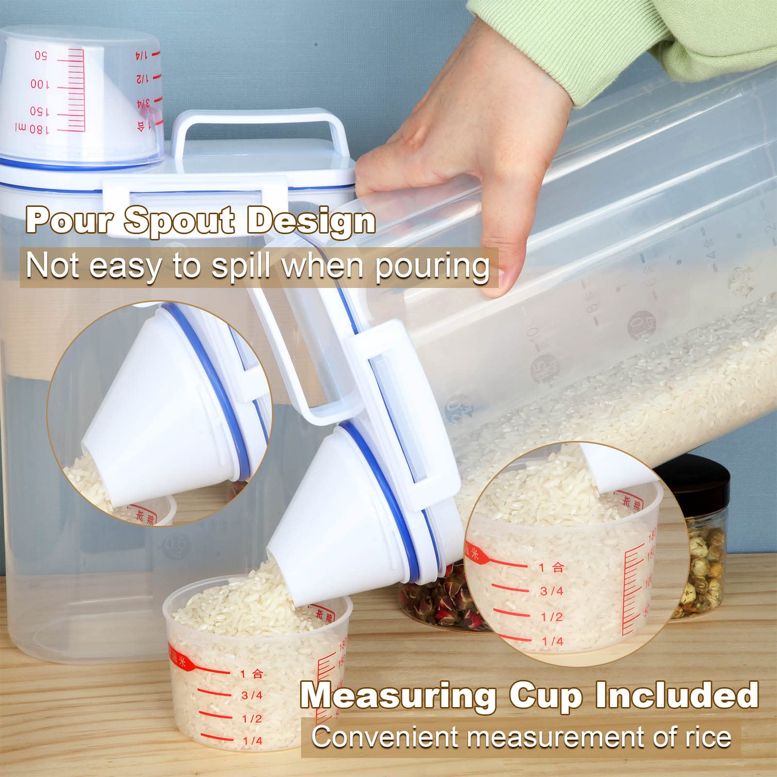 LDHHYH 4 Pack 5.5 LB Rice Storage Containers, Clear Rice Storage Bin with Measuring Cup & Pour Spout, Cereal Containers Dispenser, Kitchen Plastic Rice Holder Saver for Flour Grain Bean