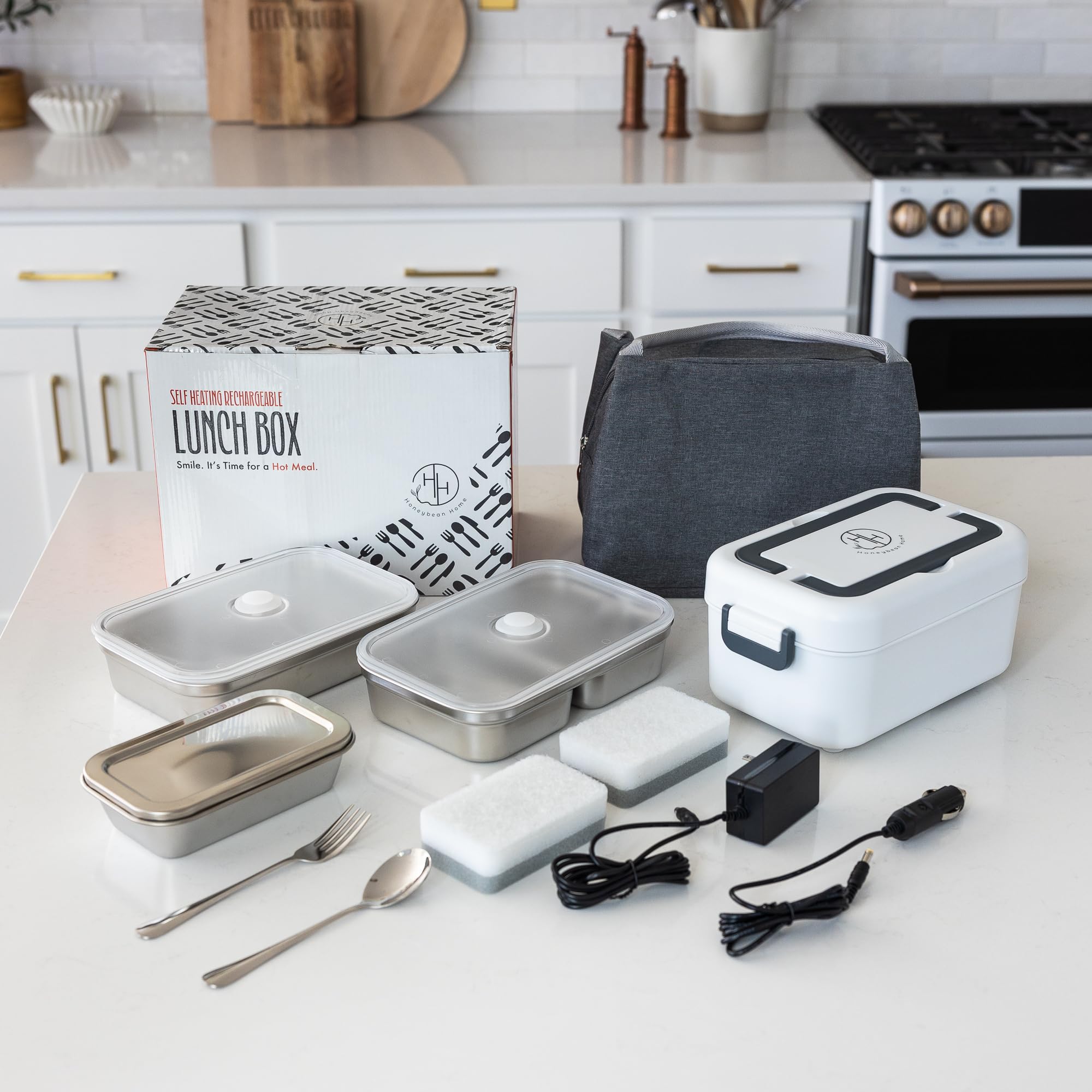 Honeybean Home Self Heating Lunch Box for Work & School – Battery Powered Portable Food Warmer Lunch Box With 35 Minutes of Heating Capability – Our Heated Lunch Box Comes With a Reusable Fork & Spoon
