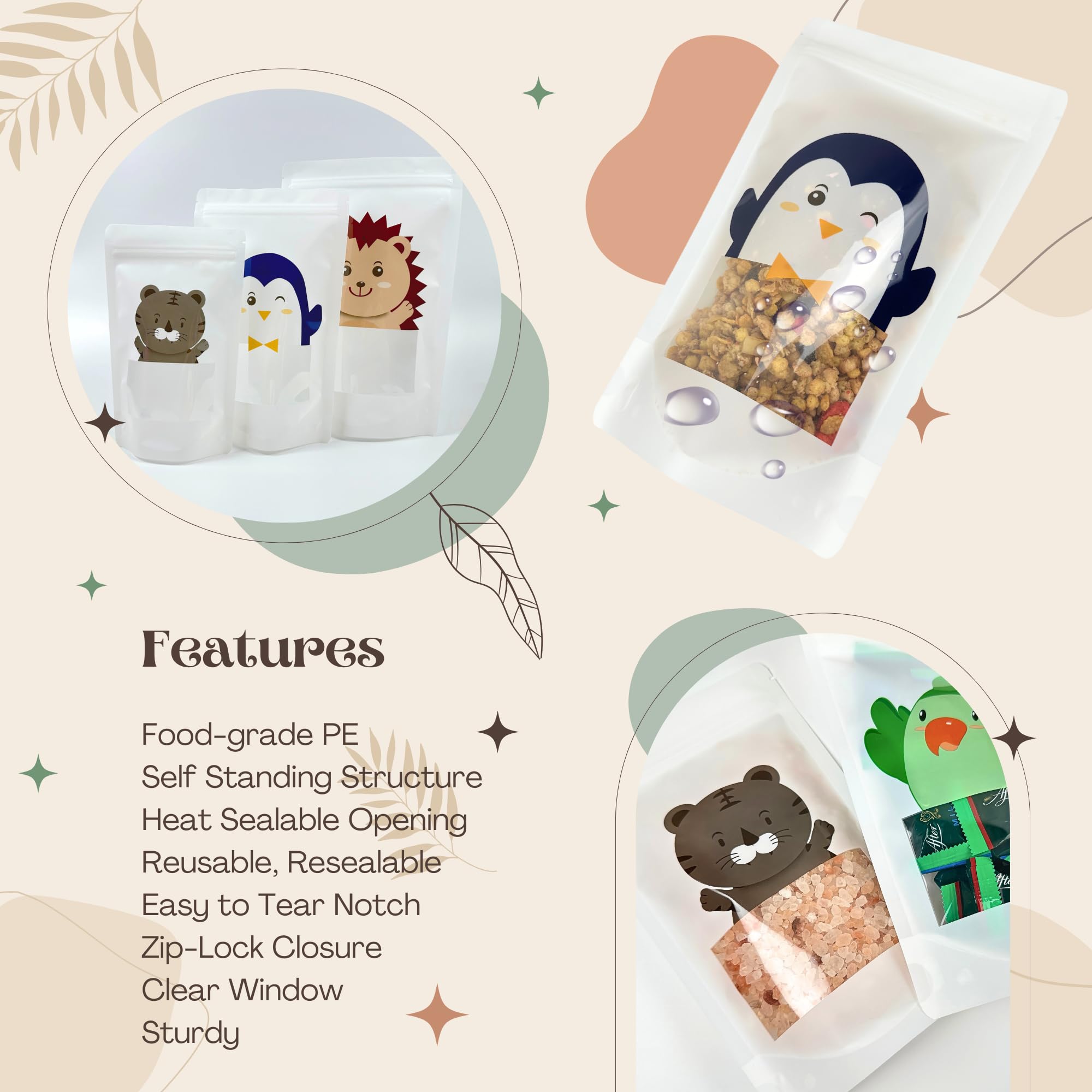 Cute Animal Goodies Bags | Reusable Stand Up Pouch with Clear Window | Zipper Closure | Resealable | Heat-Sealable | Great for Gift & Small Business (3 SIZE, 24, Count)