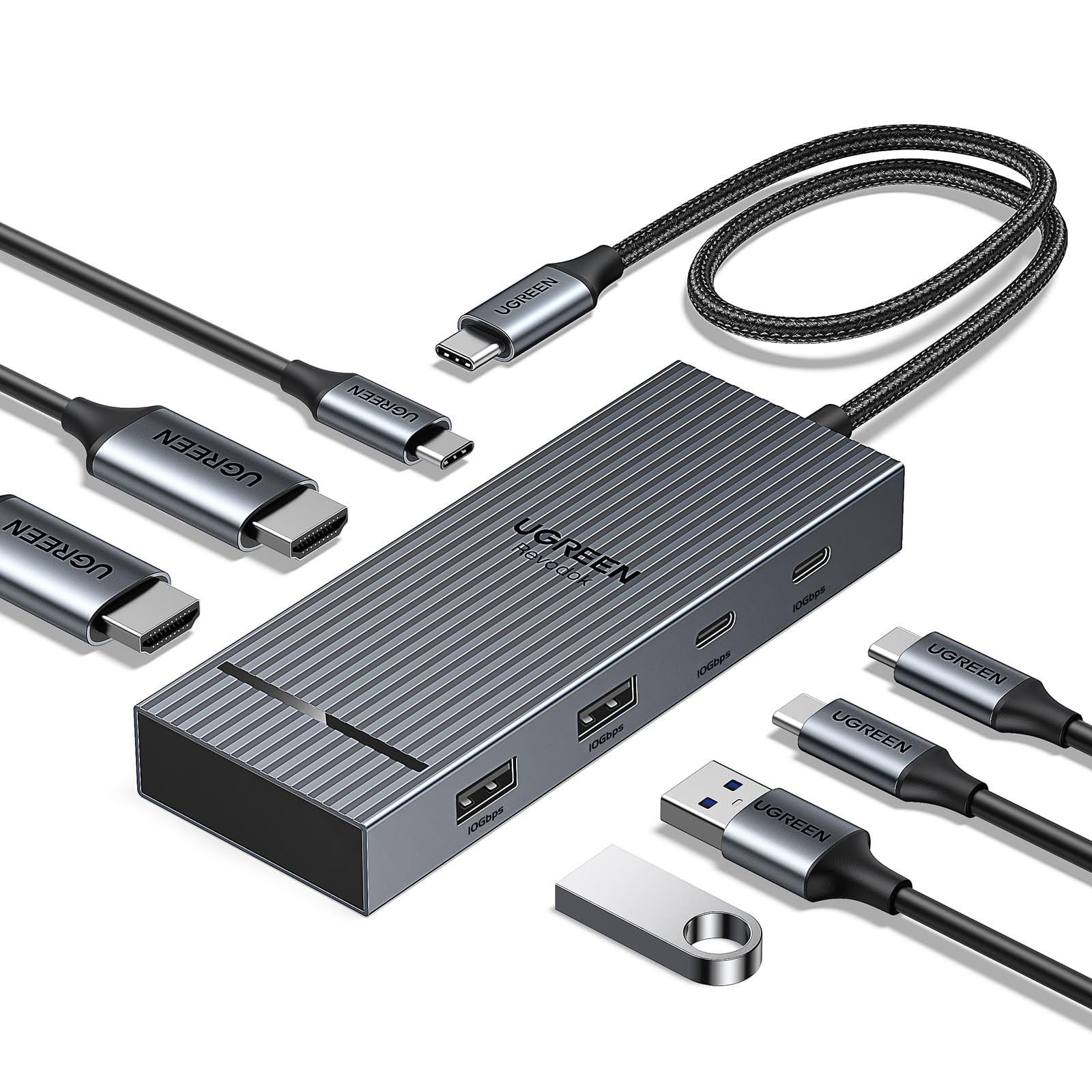 UGREEN 7 in 1 Revodok Pro USB C Docking Station Dual 4k HDMI Monitor, USBC Hub with 2 HDMI, 2*USB A&C 10Gbps Date Transfers, PD 100W, USB-C Dock for Lenovo, XPS, DELL, HP and More