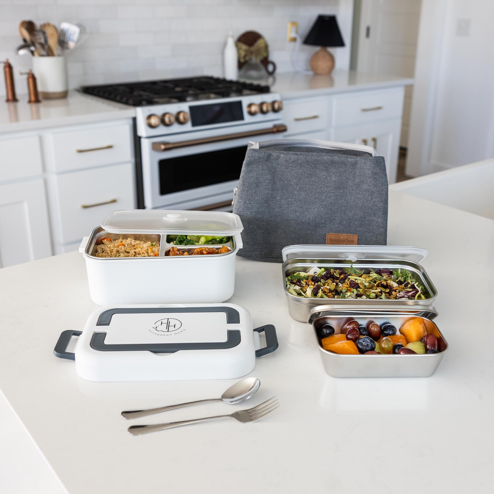 Honeybean Home Self Heating Lunch Box for Work & School – Battery Powered Portable Food Warmer Lunch Box With 35 Minutes of Heating Capability – Our Heated Lunch Box Comes With a Reusable Fork & Spoon