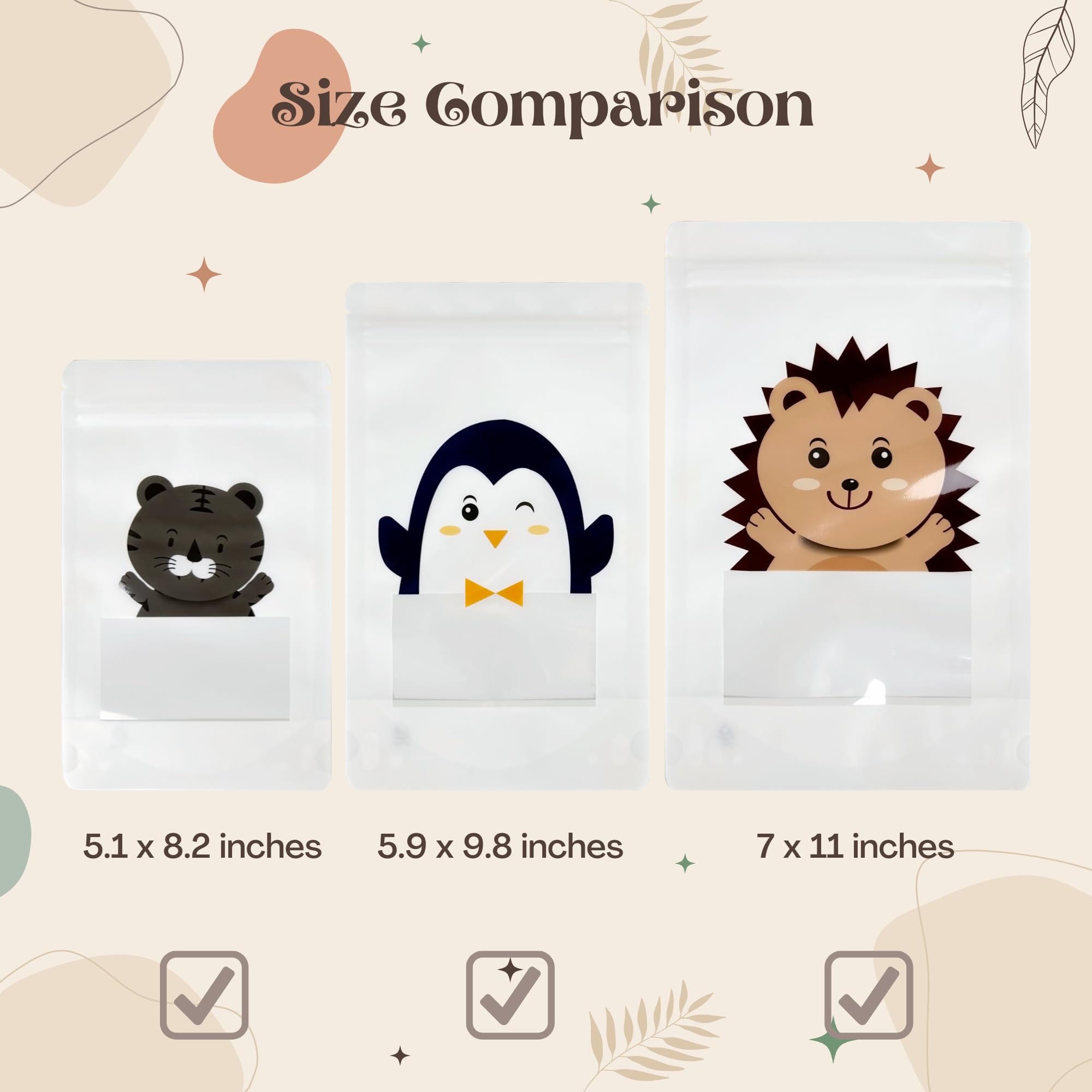 Cute Animal Goodies Bags | Reusable Stand Up Pouch with Clear Window | Zipper Closure | Resealable | Heat-Sealable | Great for Gift & Small Business (3 SIZE, 24, Count)